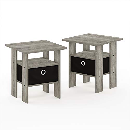Furinno Simple Design End Table, 2-Pack, French Oak Grey/Black & Andrey Set of 2 End Table/Side Table/Night Stand/Bedside Table with Bin Drawer, French Oak Grey