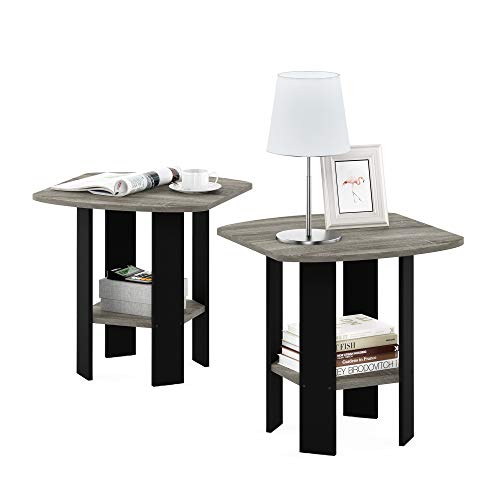 Furinno Simple Design End Table, 2-Pack, French Oak Grey/Black & Andrey Set of 2 End Table/Side Table/Night Stand/Bedside Table with Bin Drawer, French Oak Grey