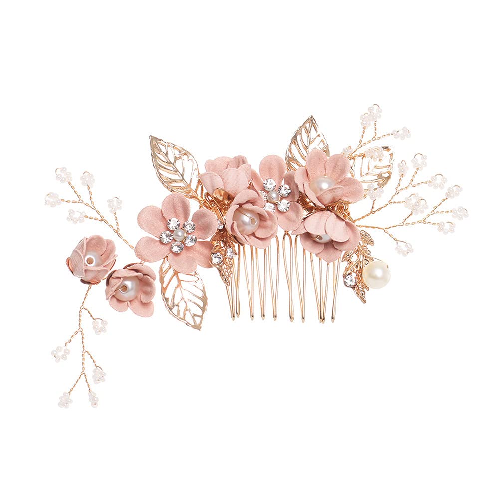 Hair Side Combs Bride Wedding Hair Comb Flowers Pearl Bridesmaids Hair Piece Accessories Vintage Bridal Hair Clips for Women and Girls (Pink)