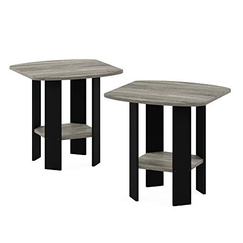 Furinno Simple Design End Table, 2-Pack, French Oak Grey/Black & Andrey Set of 2 End Table/Side Table/Night Stand/Bedside Table with Bin Drawer, French Oak Grey