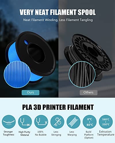 Haosegd 3D Printer Filament PLA 1.75mm 3-D Printing Materials 5 Colors Bundle Print Filiment 1.75 mm White Black Red Blue Purple Dimensional Accuracy ±0.02mm Fillament Spool Vacuum Packaging 250G X 5