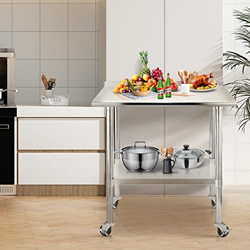 HOCCOT Stainless Steel Prep & Work Table with Adjustable Shelf, with Backsplash and Wheels, Kitchen Island, Commercial Workstations, Utility Table in Kitchen Garage Laundry Room Outdoor BBQ, 24" X 30"