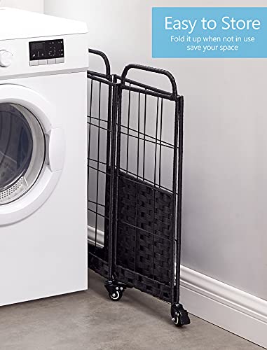 Laundry Hamper with Divided Liner Bag; Collapsible Laundry Basket with Rolling Lockable Wheels; Clothes Hamper with Metal Handle; Laundry Sorter with Removable Liner Bag (White)