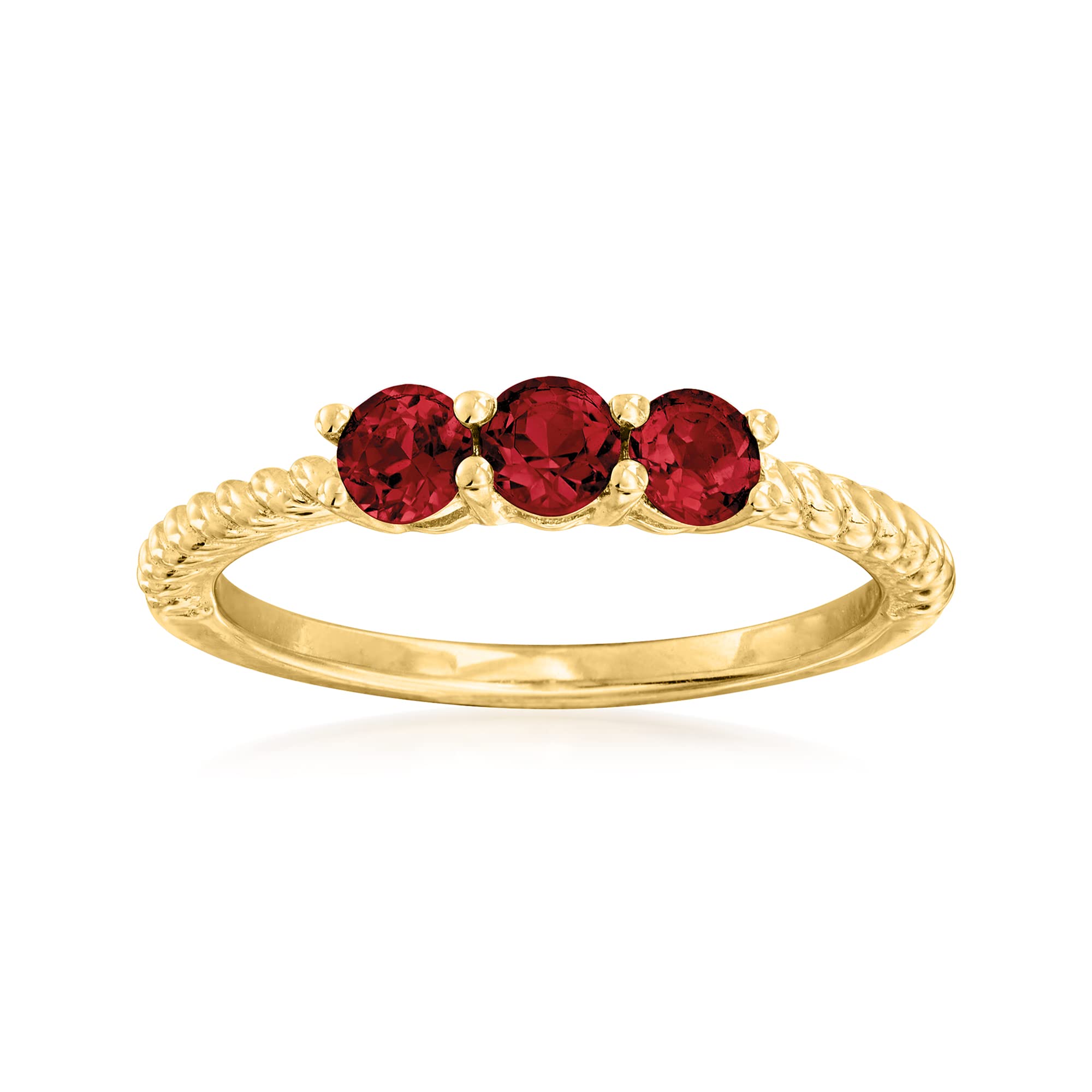 Ross-Simons 0.30 ct. t.w. Garnet 3-Stone Pinky Ring in 18kt Gold Over Sterling. Size 6