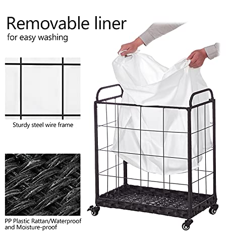 Laundry Hamper with Divided Liner Bag; Collapsible Laundry Basket with Rolling Lockable Wheels; Clothes Hamper with Metal Handle; Laundry Sorter with Removable Liner Bag (White)
