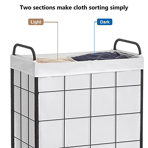 Laundry Hamper with Divided Liner Bag; Collapsible Laundry Basket with Rolling Lockable Wheels; Clothes Hamper with Metal Handle; Laundry Sorter with Removable Liner Bag (White)