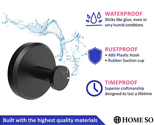 HOME SO Suction Cup Hooks for Shower, Bathroom, Kitchen, Glass Door, Mirror, Tile β Loofah, Towel, Coat, Bath Robe Hook Holder for Hanging up to 15 lbs β Waterproof, Dark, Matte Black (2-Pack)
