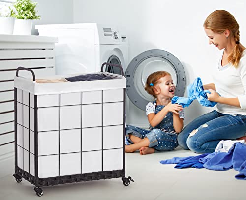 Laundry Hamper with Divided Liner Bag; Collapsible Laundry Basket with Rolling Lockable Wheels; Clothes Hamper with Metal Handle; Laundry Sorter with Removable Liner Bag (White)