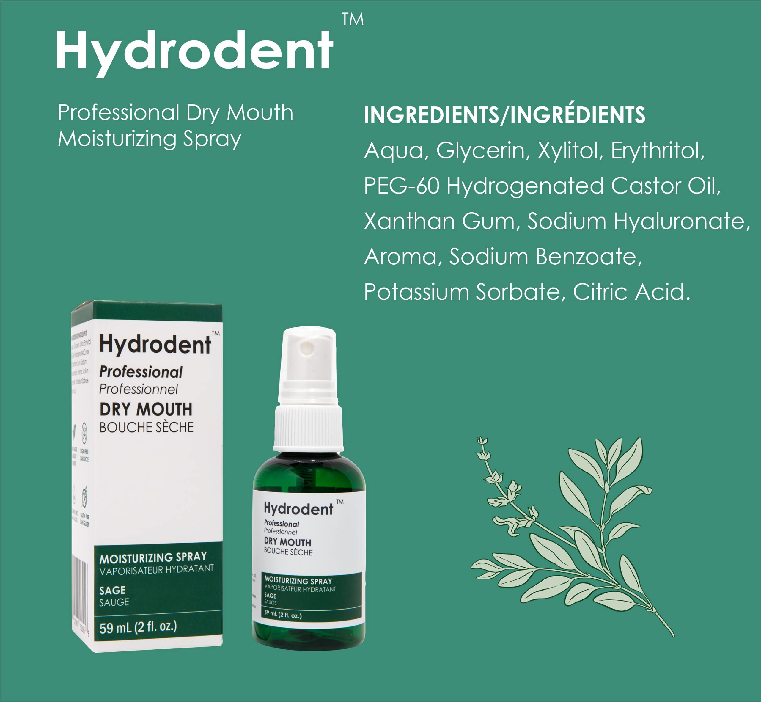 Hydrodent Professional Dry Mouth Moisturizing Spray, Sage, Natural, 2 oz
