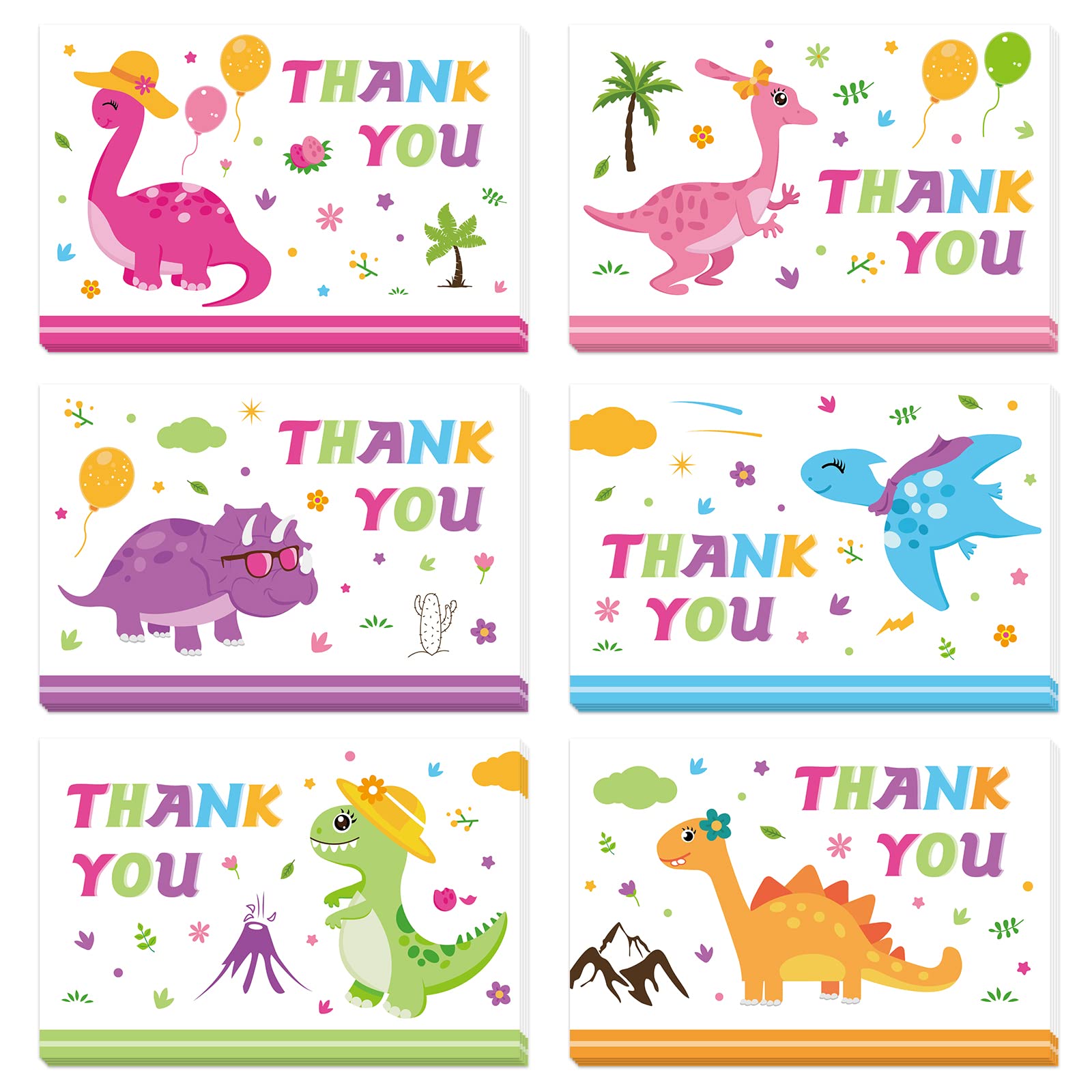 WERNNSAI Dinosaur Thank You Card - 24 Sets Kids Dino Thank You Cards with Envelopes for Toddler Girls Childrens Blank Thank U Notes for Birthday Party Gift Cards 4" X 6"