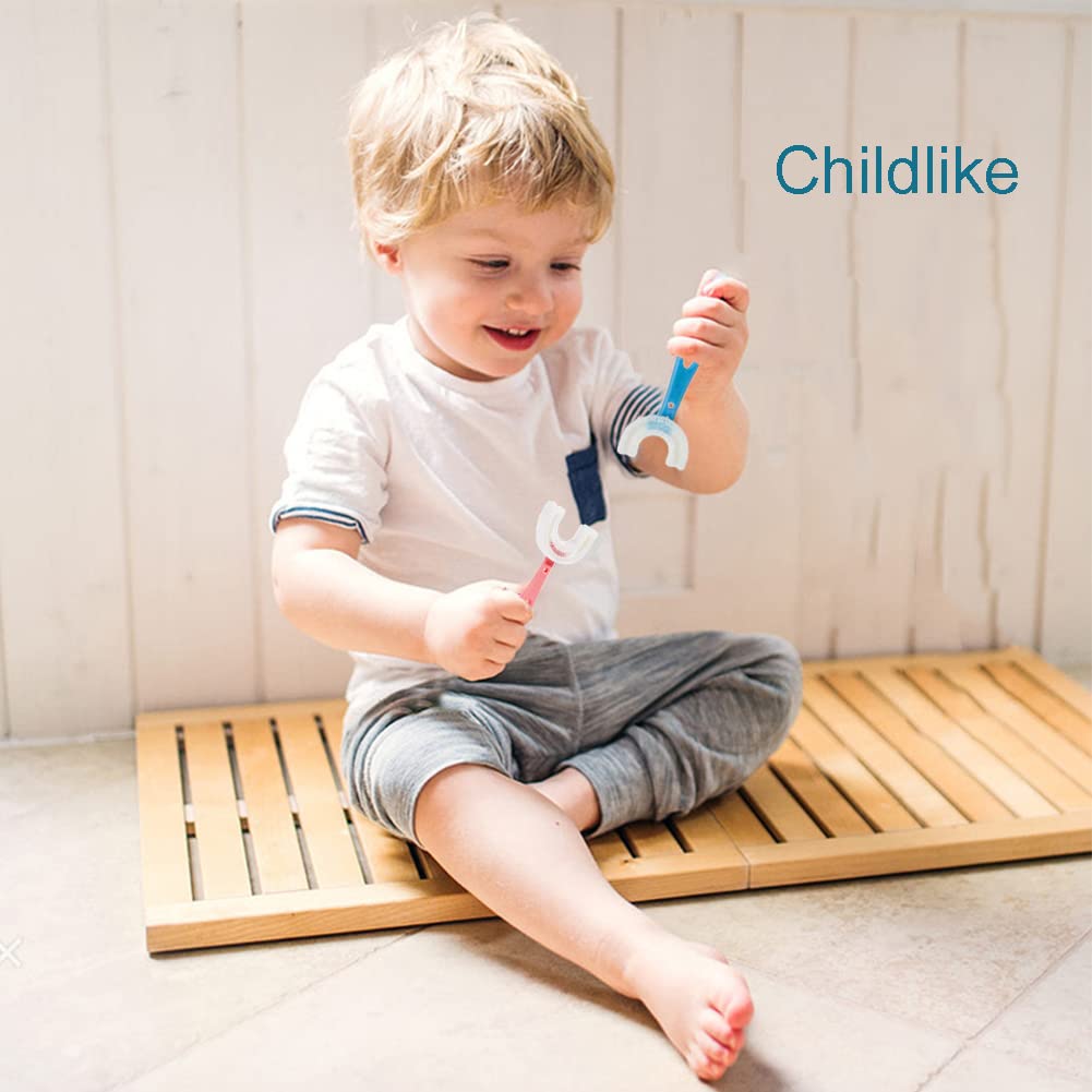 owno 2 Pack U- Shaped Toothbrush, 360°Oral Cleaning Design for Children Oral Care, Food-Grade Soft Silicone Brush Head with Compact, Soft Bristles(Blue + Pink)(6-12ages)