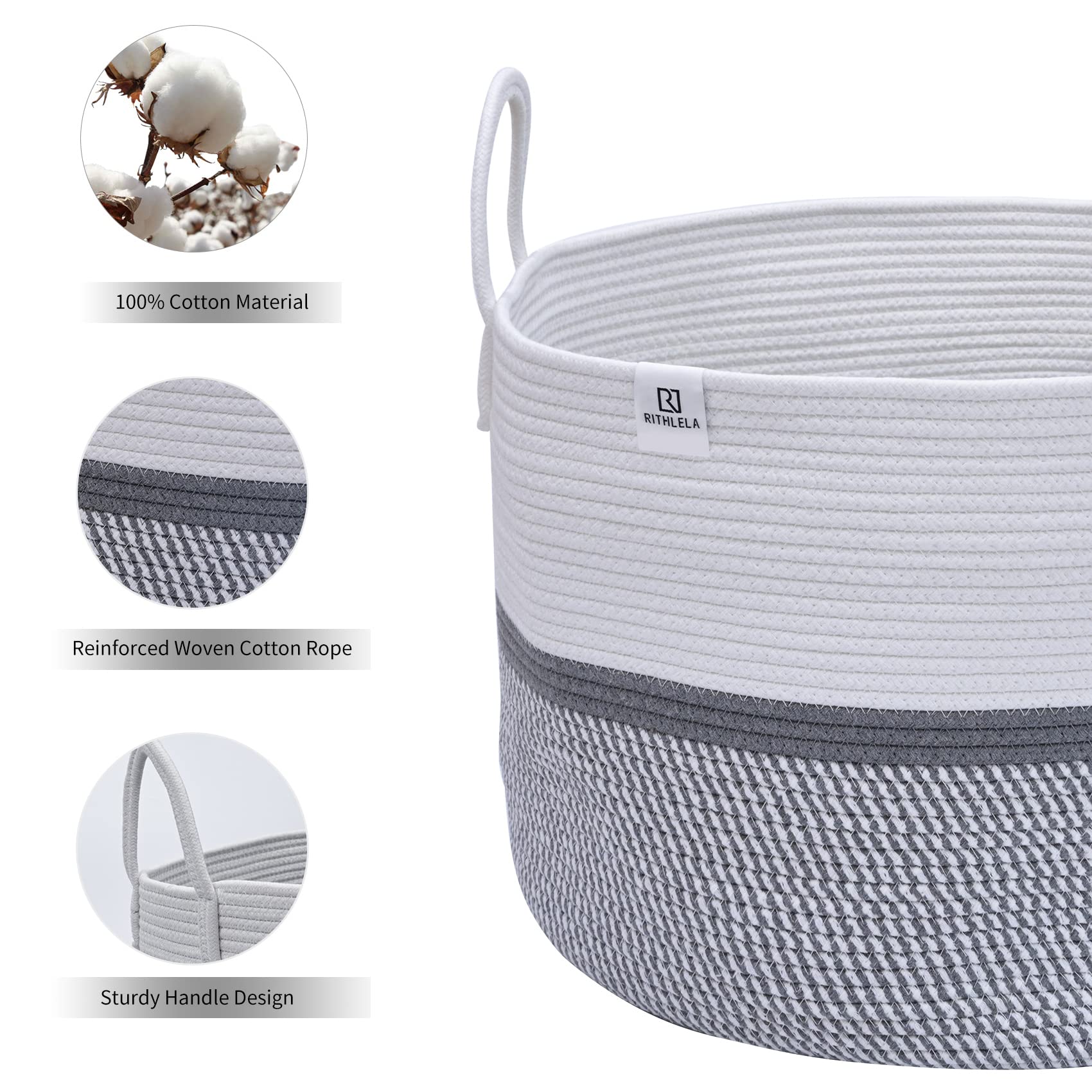 RITHLELA Cotton Rope Basket, Blanket Basket Living Room, Soft & comfortable Woven Laundry Basket, Storage for Kids/Dog Toys, Laundry, Towel, Shoes, Pillow
