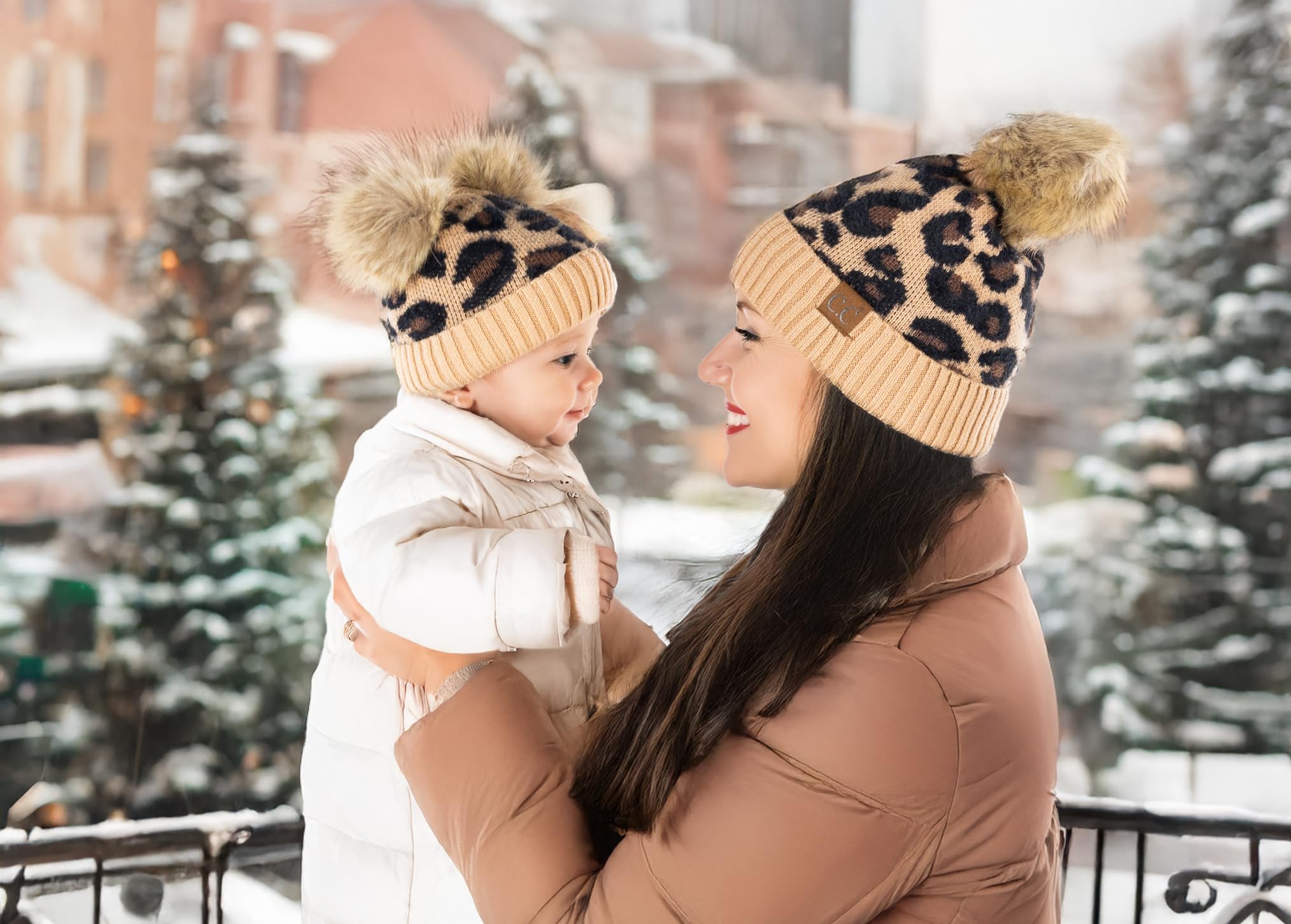 Funky Junque Mom and Baby Pom Pom Hat Set, Mommy and Me Winter Hats, Matching Double Pom Beanies, One Size Adult/Infant, Leopard Latte