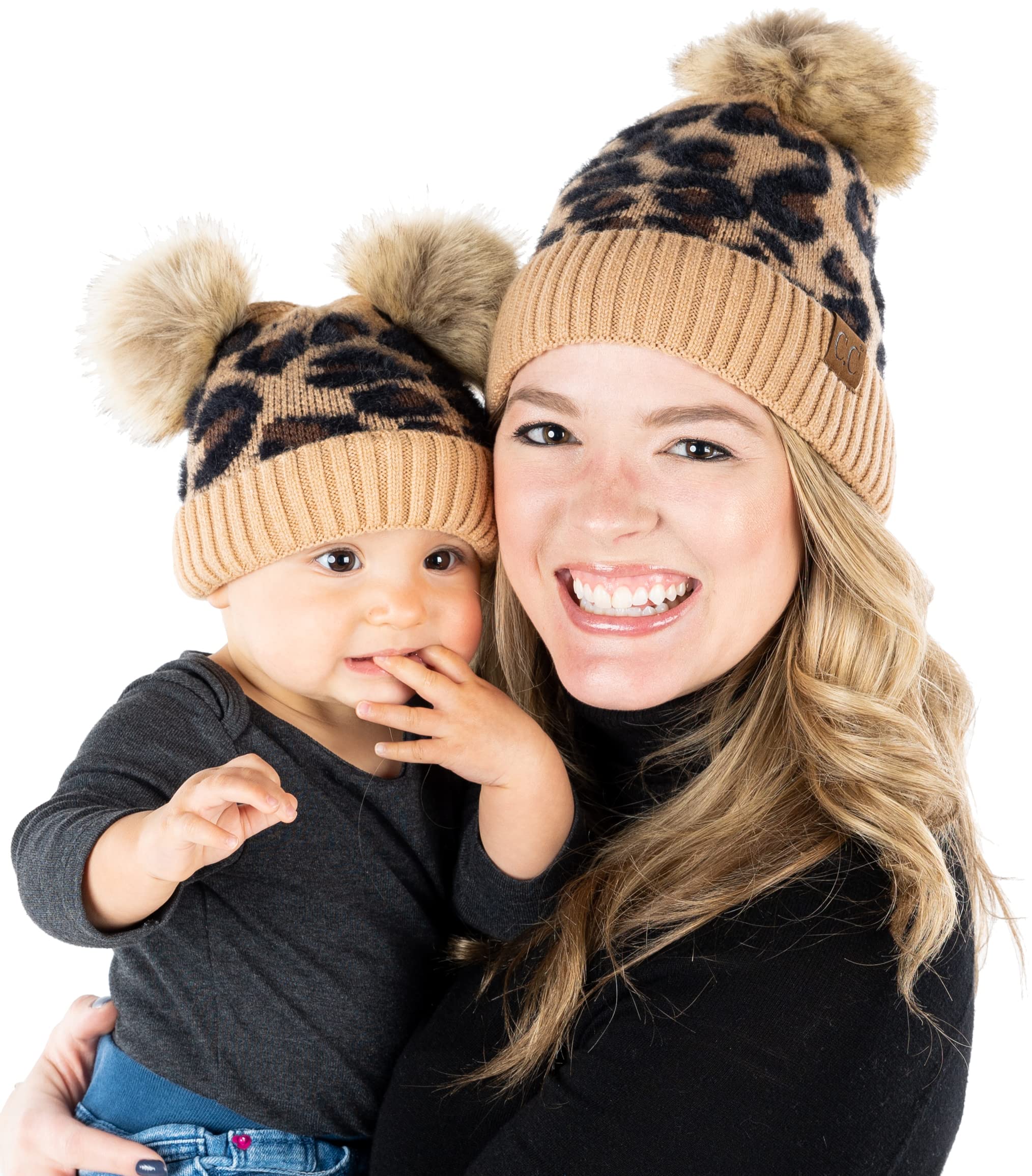 Funky Junque Mom and Baby Pom Pom Hat Set, Mommy and Me Winter Hats, Matching Double Pom Beanies, One Size Adult/Infant, Leopard Latte