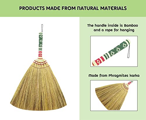 Natural Grass Asian,Brush Broom, Whisk Broom, Brush Wooden Handmade, Handle Bamboo, L16 in x 12in (Turquoise)