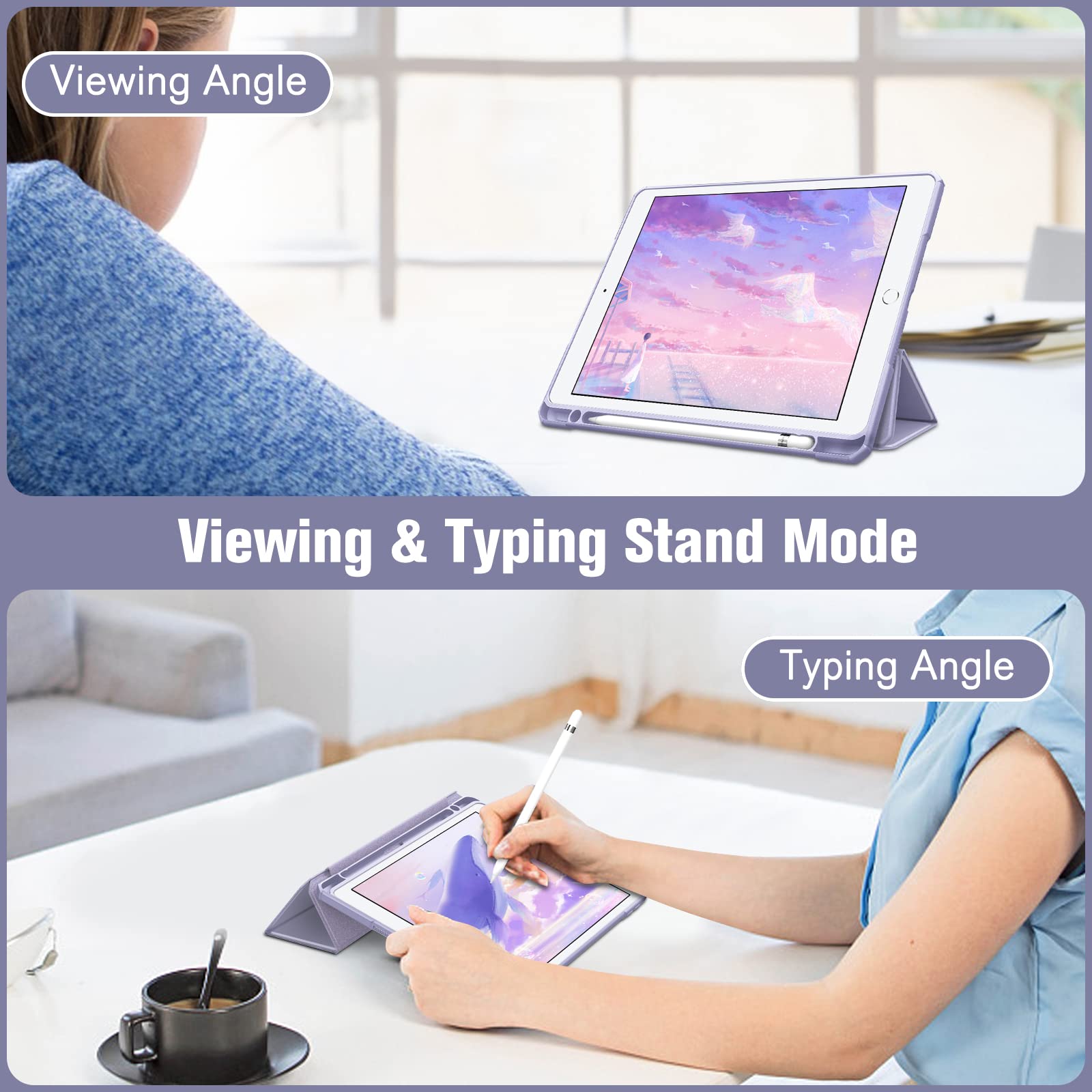 Fintie Hybrid Slim Case for iPad 9th / 8th / 7th Generation (2021/2020 / 2019) 10.2 Inch - [Built-in Pencil Holder] Shockproof Cover with Clear Transparent Back Shell, Lilac Purple
