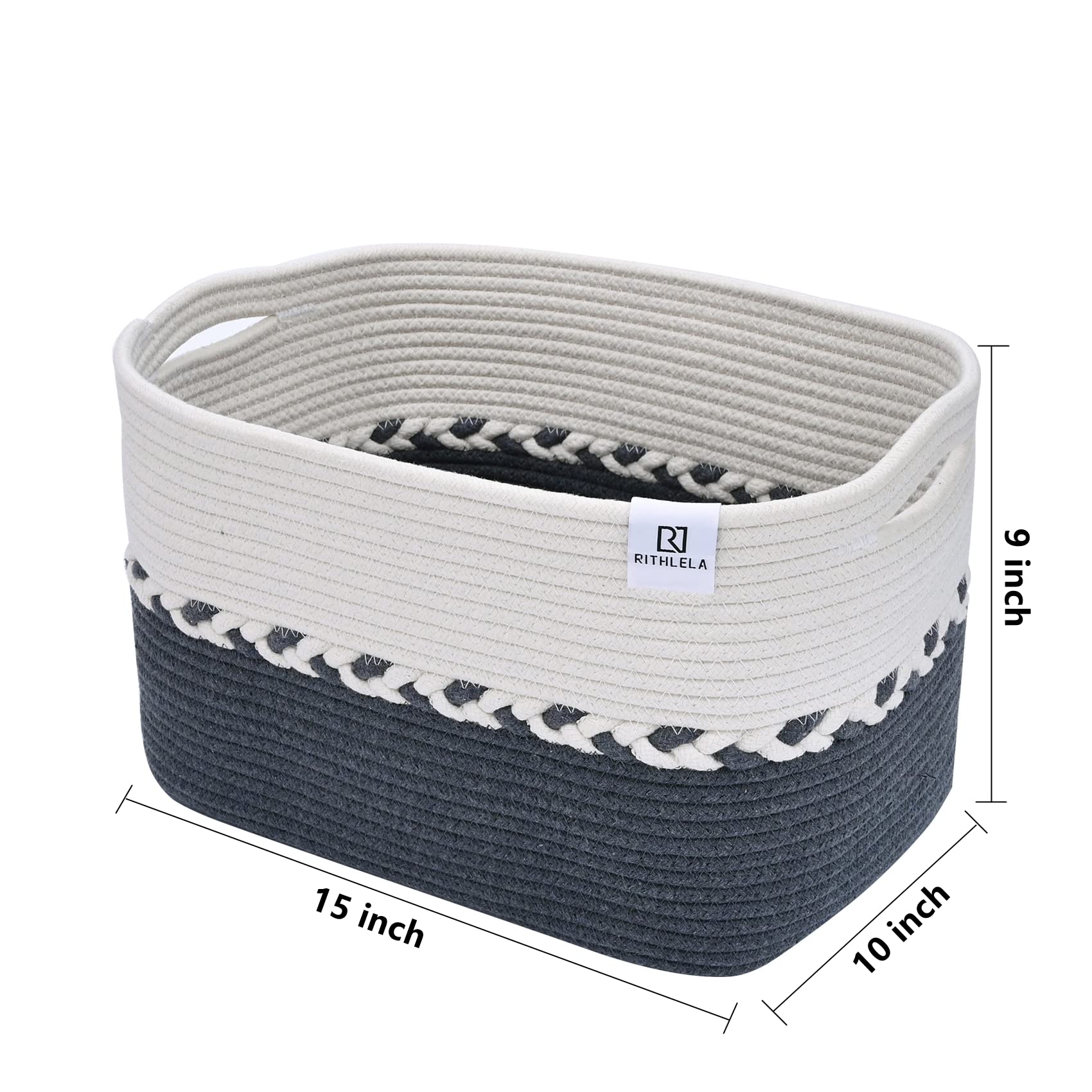 RITHLELA Cotton Rope Cube Shelf Storage Baskets Set of 3, Woven Baskets Fabric Bins Cat Toy Baskets Shelves Nursery Basket for Bathroom Bedroom Dark Grey & White 15"x10"x9" Design