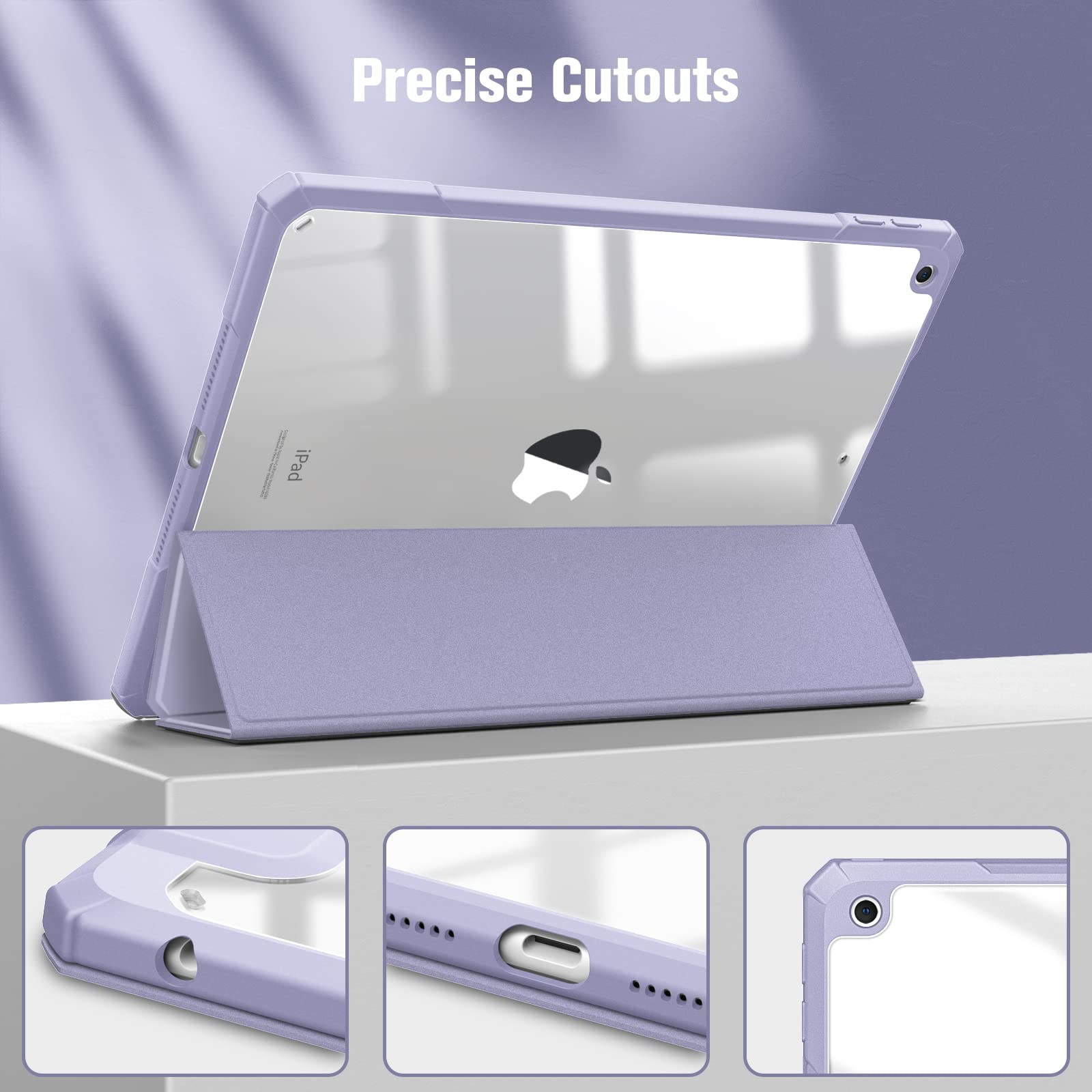 Fintie Hybrid Slim Case for iPad 9th / 8th / 7th Generation (2021/2020 / 2019) 10.2 Inch - [Built-in Pencil Holder] Shockproof Cover with Clear Transparent Back Shell, Lilac Purple