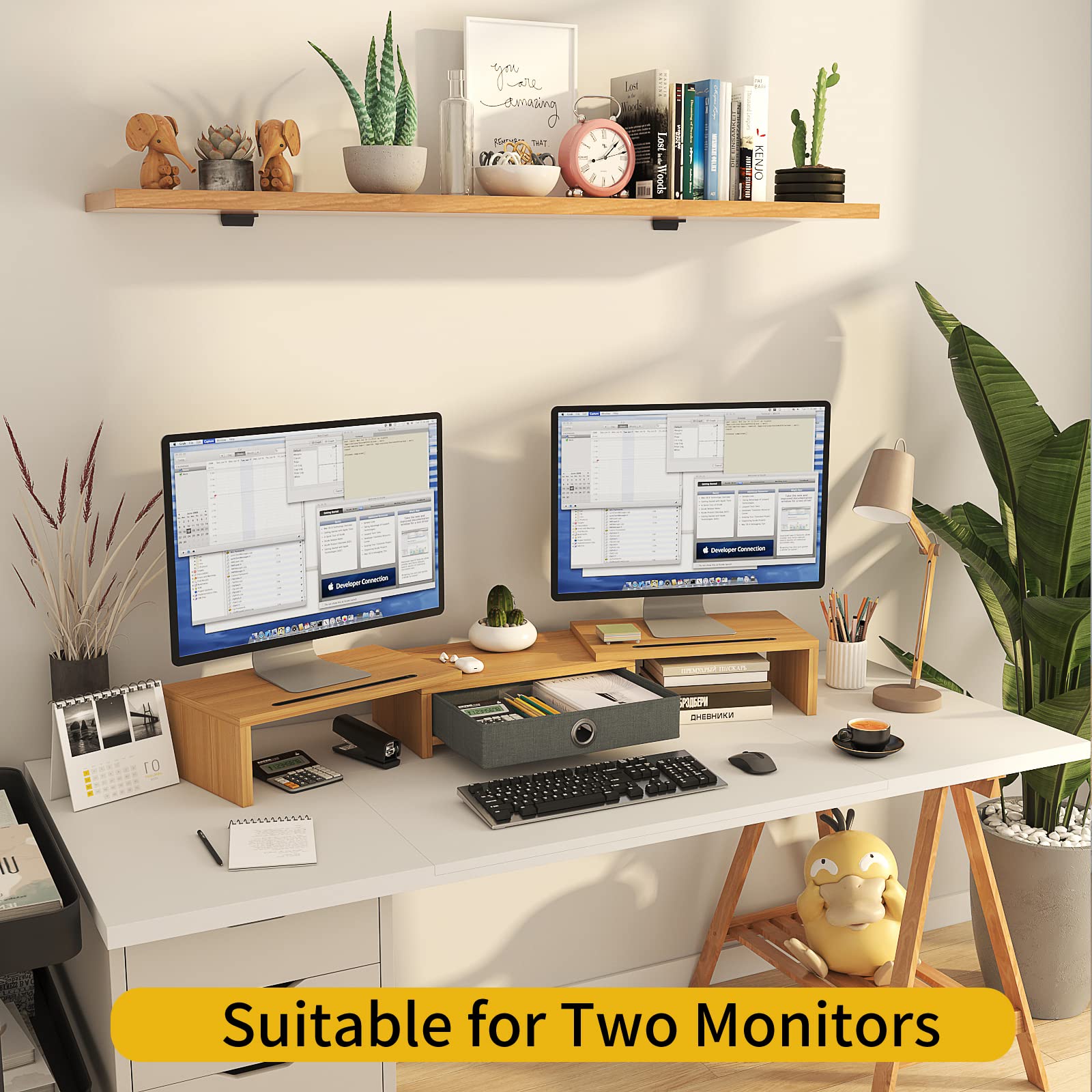 WESTREE Dual Monitor Stand Riser with Drawer-Monitor Stand Riser for 2 Monitors, Adjustable Length and Angle, 2 Phone Hold,Desktop Organizer Stand for Computer/Laptop/PC/Printer