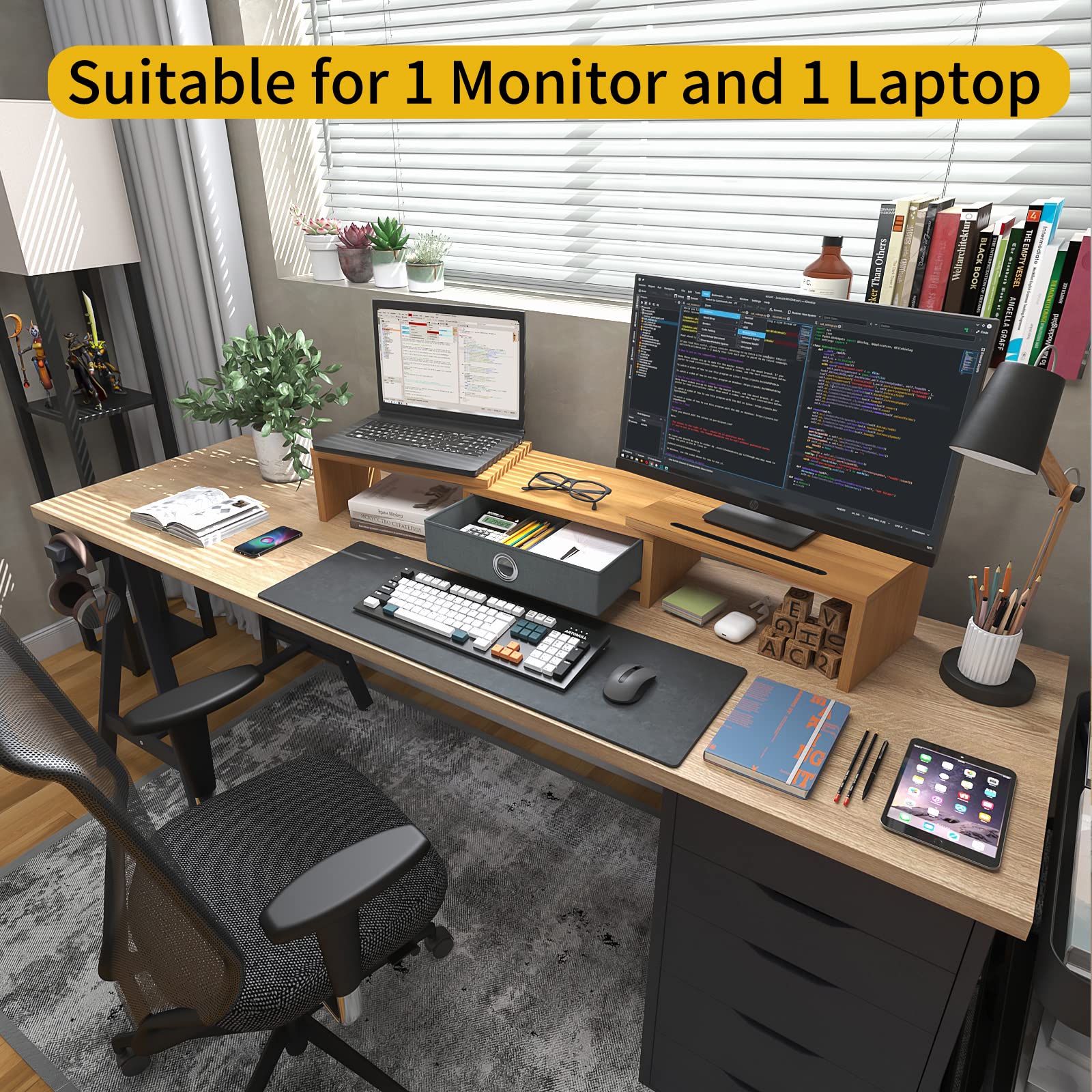 WESTREE Dual Monitor Stand Riser with Drawer-Monitor Stand Riser for 2 Monitors, Adjustable Length and Angle, 2 Phone Hold,Desktop Organizer Stand for Computer/Laptop/PC/Printer