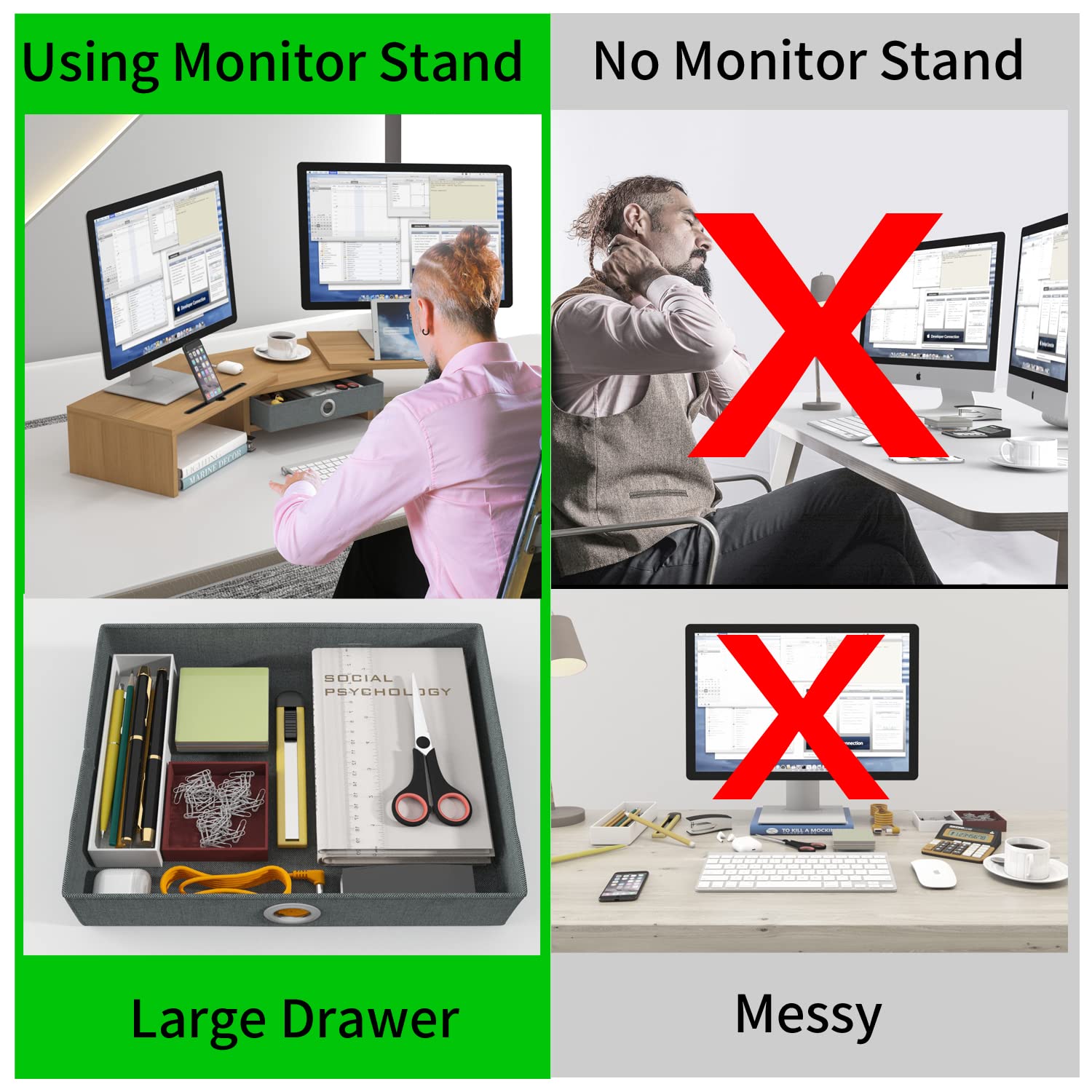 WESTREE Dual Monitor Stand Riser with Drawer-Monitor Stand Riser for 2 Monitors, Adjustable Length and Angle, 2 Phone Hold,Desktop Organizer Stand for Computer/Laptop/PC/Printer