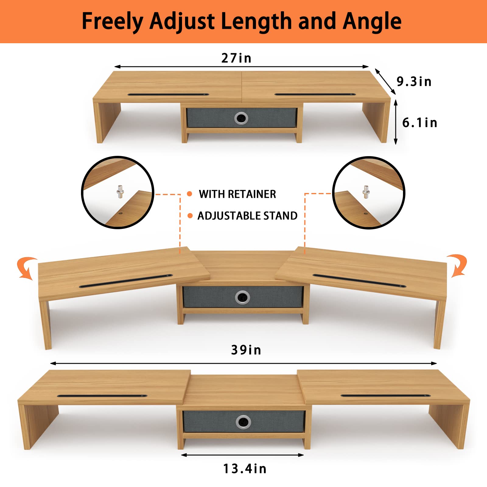 WESTREE Dual Monitor Stand Riser with Drawer-Monitor Stand Riser for 2 Monitors, Adjustable Length and Angle, 2 Phone Hold,Desktop Organizer Stand for Computer/Laptop/PC/Printer
