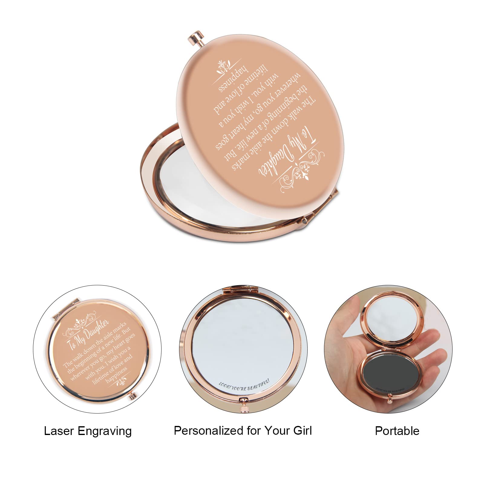 REHALY Daughter Wedding Gift from Mom Dad, Bride Gifts for Wedding Day, Unique Wedding Keepsake Gifts for Daughter from Mom on Wedding Day, Rose Gold Compact Mirror for Her