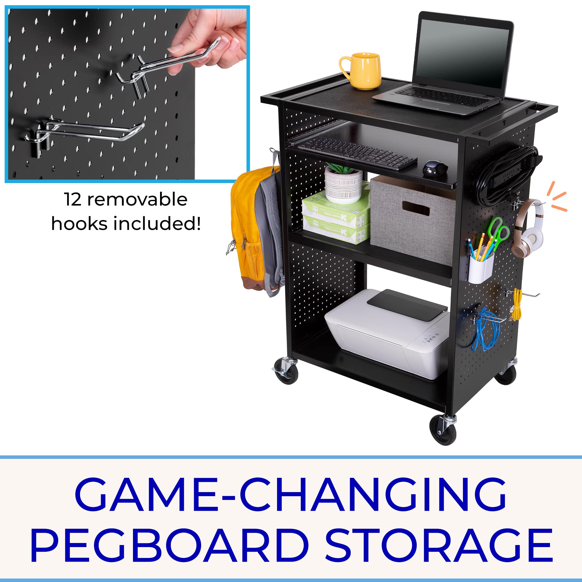 Line Leader Stellar AV Cart | Reimagine Your Teacher Cart with Revolutionary Pegboard Siding & 12 Movable Peg Hooks for Customizable Storage | UL Safety Certified Mobile Workstation with Keyboard Tray