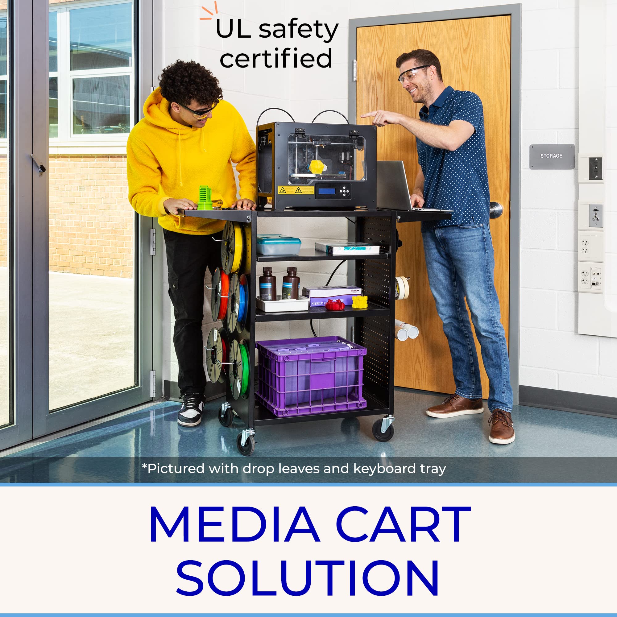 Line Leader Stellar AV Cart | Reimagine Your Teacher Cart with Revolutionary Pegboard Siding & 12 Movable Peg Hooks for Customizable Storage | UL Safety Certified Mobile Workstation with Keyboard Tray