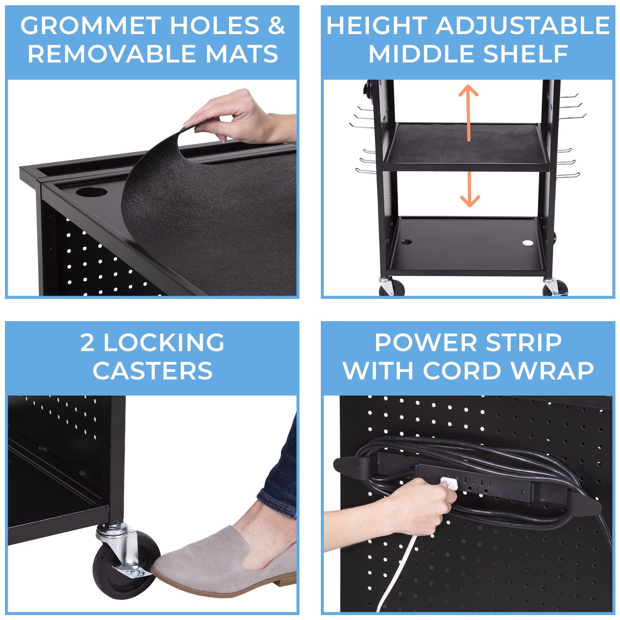Line Leader Stellar AV Cart | Reimagine Your Teacher Cart with Revolutionary Pegboard Siding & 12 Movable Peg Hooks for Customizable Storage | UL Safety Certified Mobile Workstation with Keyboard Tray