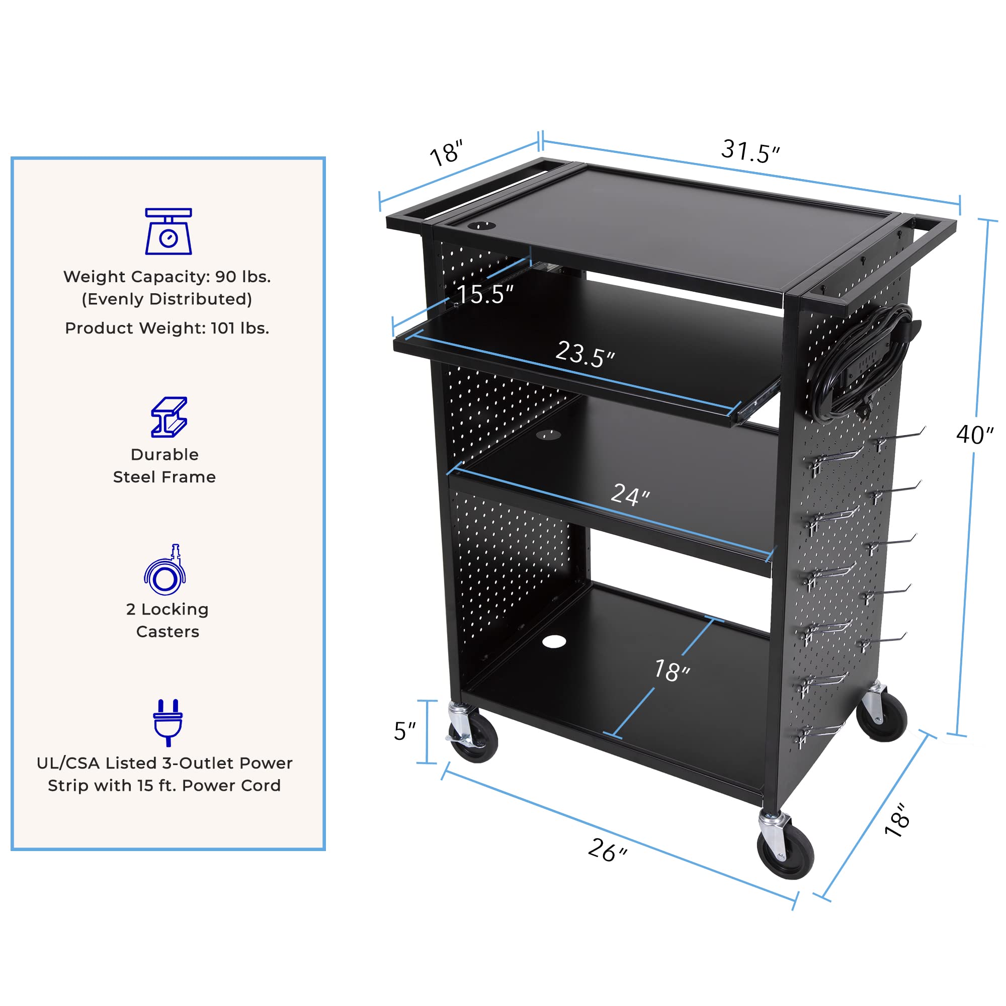 Line Leader Stellar AV Cart | Reimagine Your Teacher Cart with Revolutionary Pegboard Siding & 12 Movable Peg Hooks for Customizable Storage | UL Safety Certified Mobile Workstation with Keyboard Tray