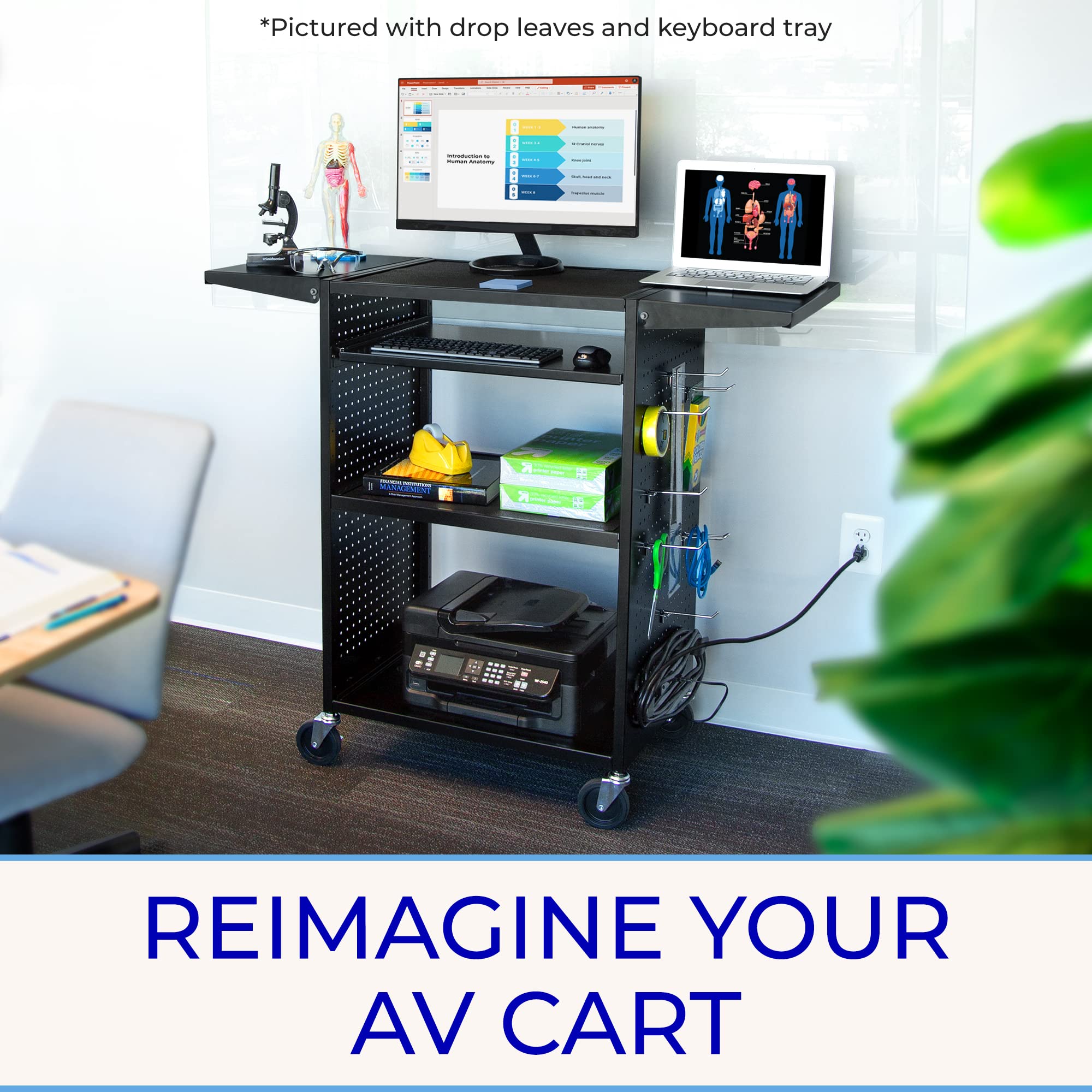 Line Leader Stellar AV Cart | Reimagine Your Teacher Cart with Revolutionary Pegboard Siding & 12 Movable Peg Hooks for Customizable Storage | UL Safety Certified Mobile Workstation with Keyboard Tray