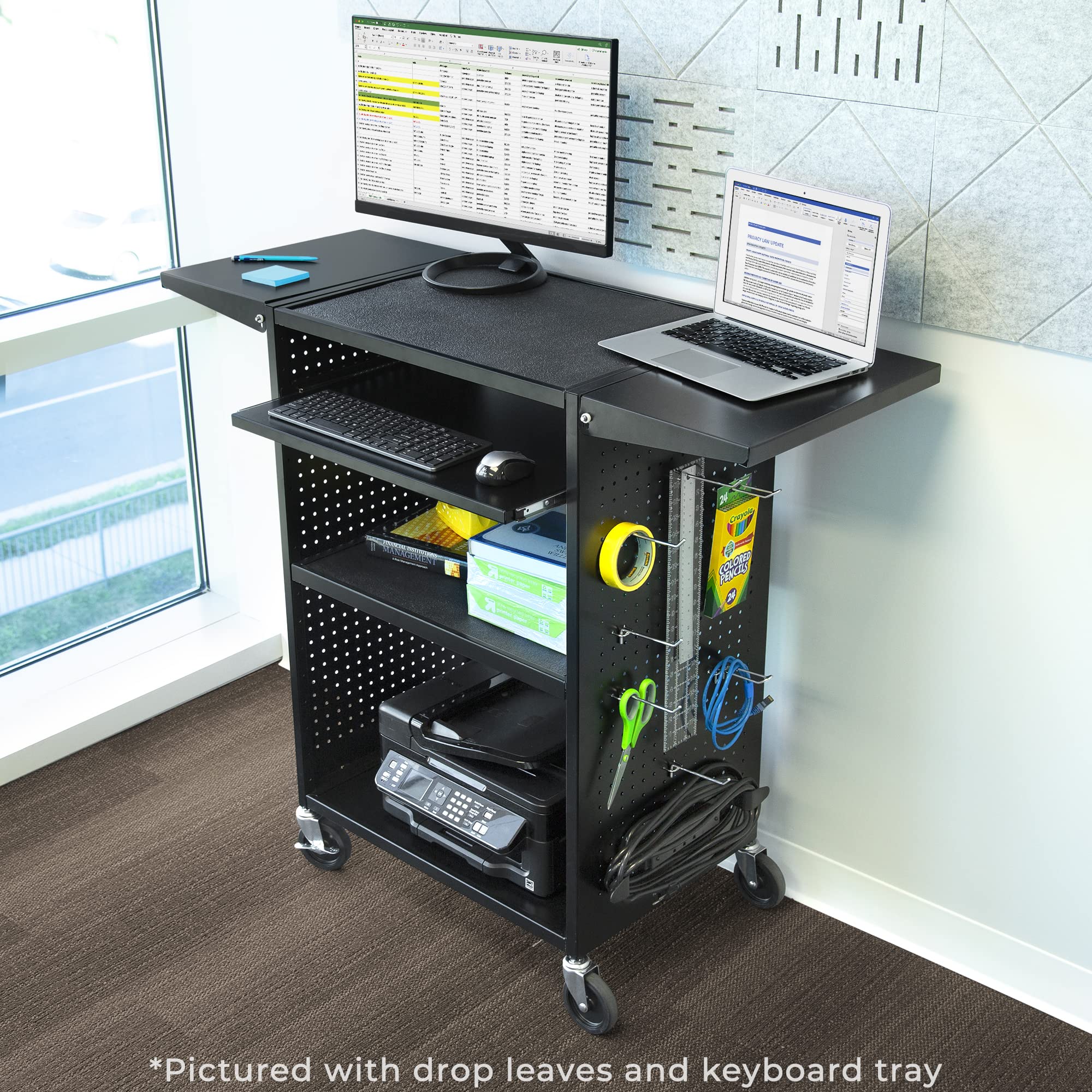 Line Leader Stellar AV Cart | Reimagine Your Teacher Cart with Revolutionary Pegboard Siding & 12 Movable Peg Hooks for Customizable Storage | UL Safety Certified Mobile Workstation with Keyboard Tray