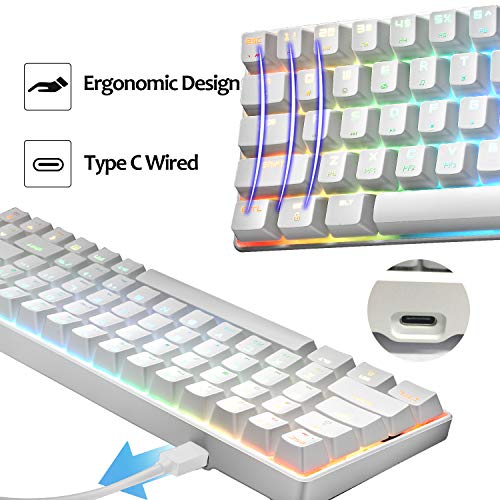LexonElec Mechanical Gaming Keyboard 18 Chroma RGB Backlit 60% Percent Keyboard with Type C Red Switches 68 Keys Anti-ghosting Wired Gaming Keyboard for PC/Mac Gamer,Typist,Tactile-White