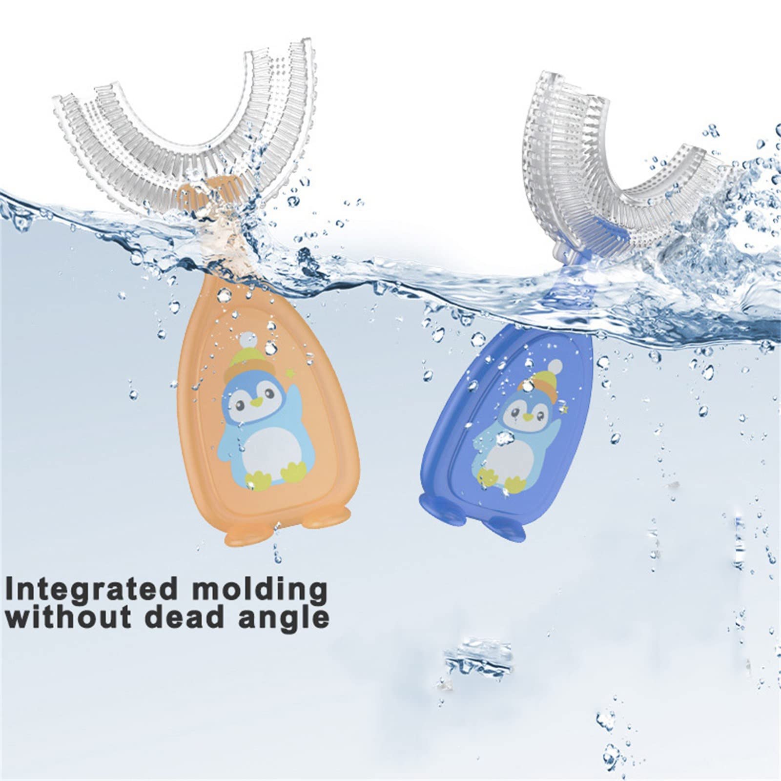 2Pcs Kids U- Shaped Toothbrush Food Grade Soft Silicone Brush Head Manual U-Type Toothbrush 360° Teeth Cleaning Brush Oral Training Toothbrush for Kids Ages 2-6 (Blue, Penguin)