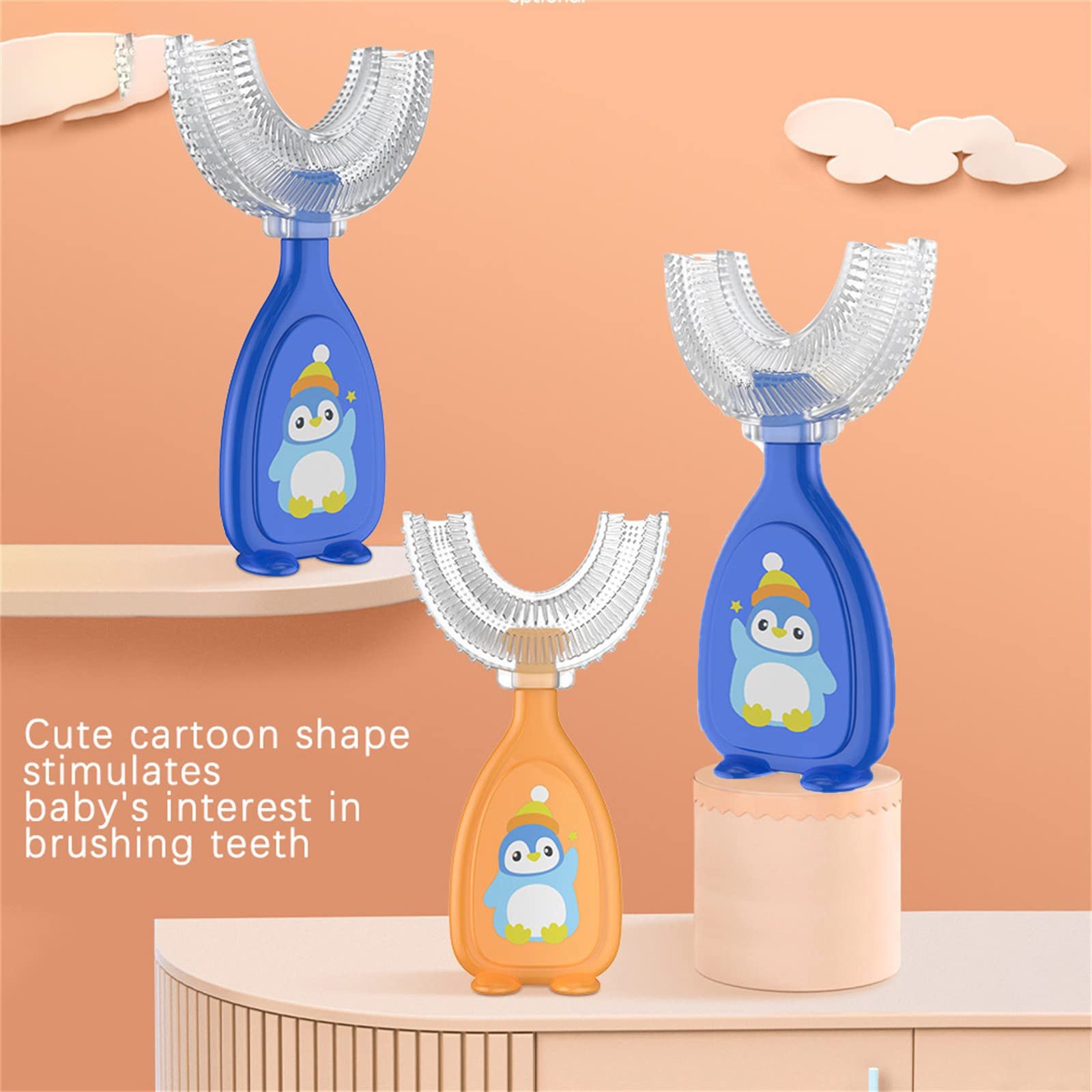 2Pcs Kids U- Shaped Toothbrush Food Grade Soft Silicone Brush Head Manual U-Type Toothbrush 360° Teeth Cleaning Brush Oral Training Toothbrush for Kids Ages 2-6 (Blue, Penguin)
