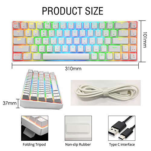 LexonElec Mechanical Gaming Keyboard 18 Chroma RGB Backlit 60% Percent Keyboard with Type C Red Switches 68 Keys Anti-ghosting Wired Gaming Keyboard for PC/Mac Gamer,Typist,Tactile-White