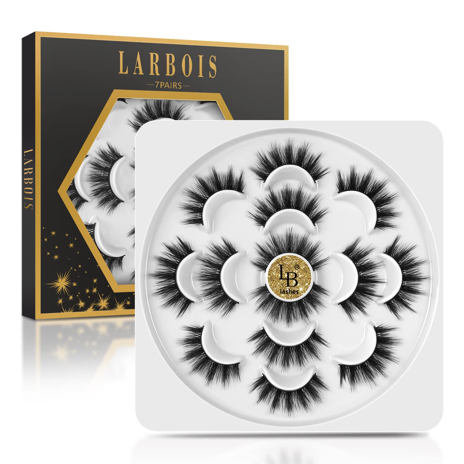 Larbois 7 Pairs False Eyelashes, Fluffy Dramatic Fake Eyelashes Strips Cross Soft Natural Faux Mink Lashes 3D Volume Reusable Wispy Lashes Pack