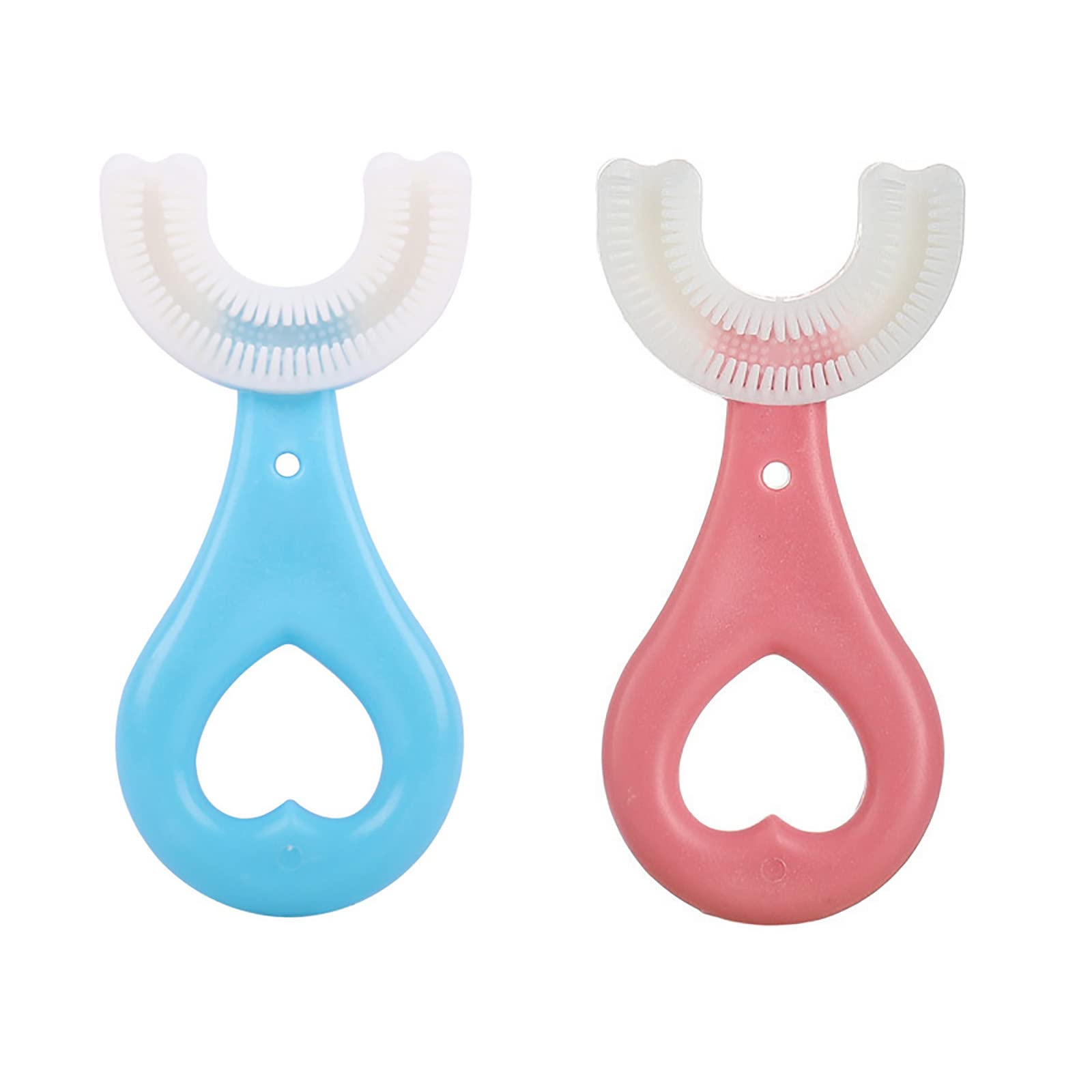 JUNDE 2Pcs Kids U- Shaped Toothbrush Food Grade Soft Silicone Brush Head Manual U-Type Toothbrush 360° Teeth Cleaning Brush Oral Training Toothbrush for Kids Ages 2-6 (Blue and Pink, Peach Heart)
