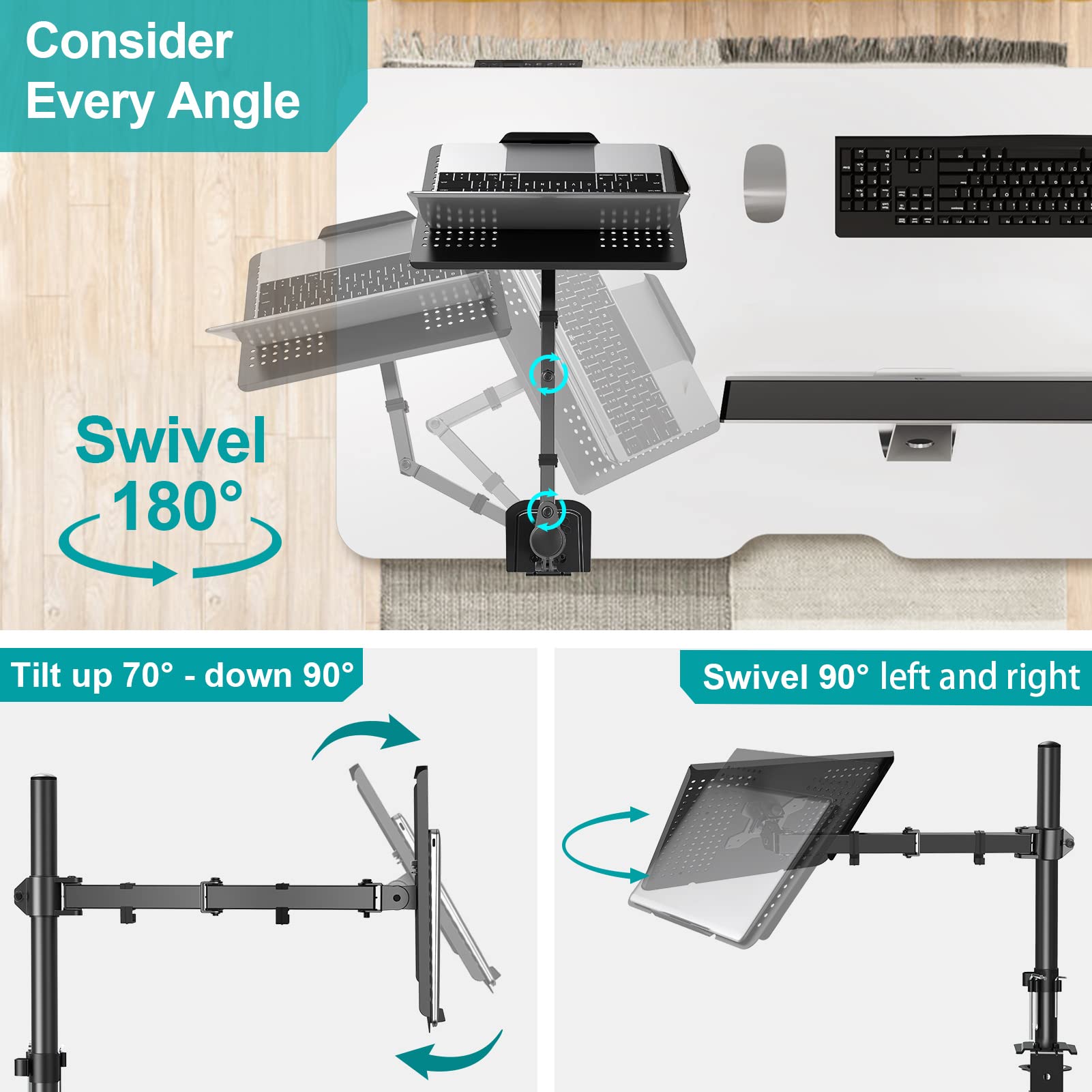 MOUNT PRO Single Laptop Mount with Tray for Laptop up to 17 inches, Holds Up to 17.6lbs, Fully Adjustable Notebook/Laptop Desk Mount Stand, Heavy Duty Laptop Arm Mount with Clamp and Grommet Base
