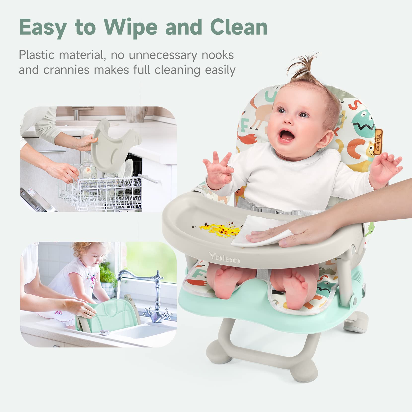 YOLEO Baby High Chair Booster Seat for Dining Table Height Adjustable Toddlers Chair Portable Foldable Highchair with Cushion & Tray Removable(Green)