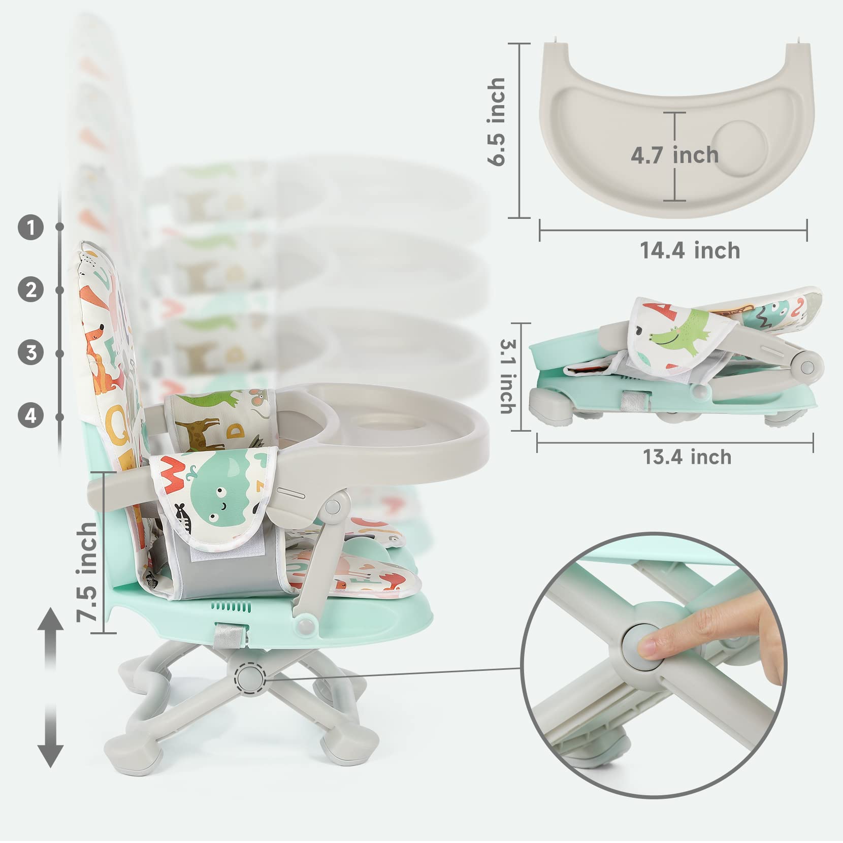 YOLEO Baby High Chair Booster Seat for Dining Table Height Adjustable Toddlers Chair Portable Foldable Highchair with Cushion & Tray Removable(Green)
