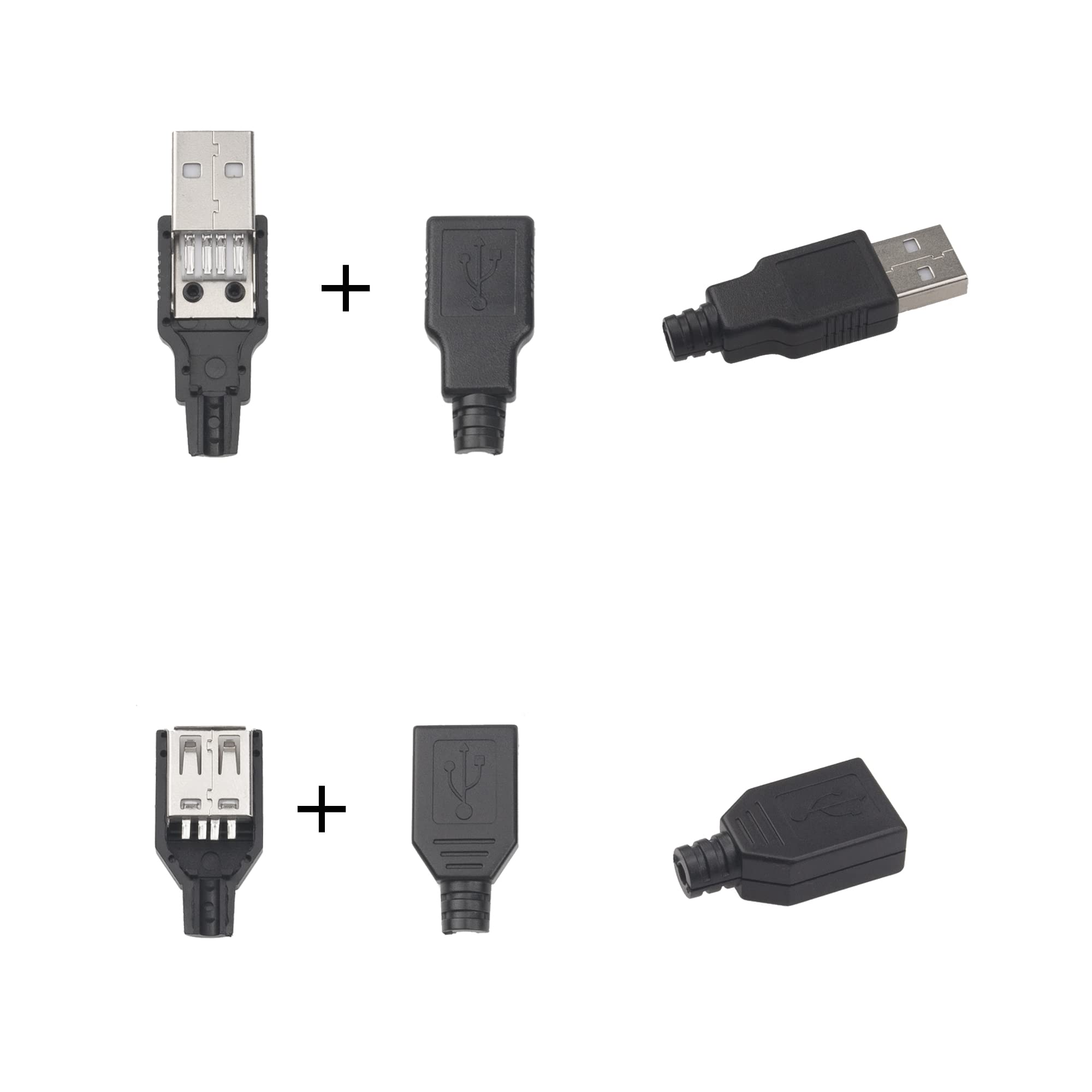 Rrina 20Pcs USB 2.0 Connector Type A Male Female 4 Pin Plug Jack Socket with Black Plastic Cover DIY