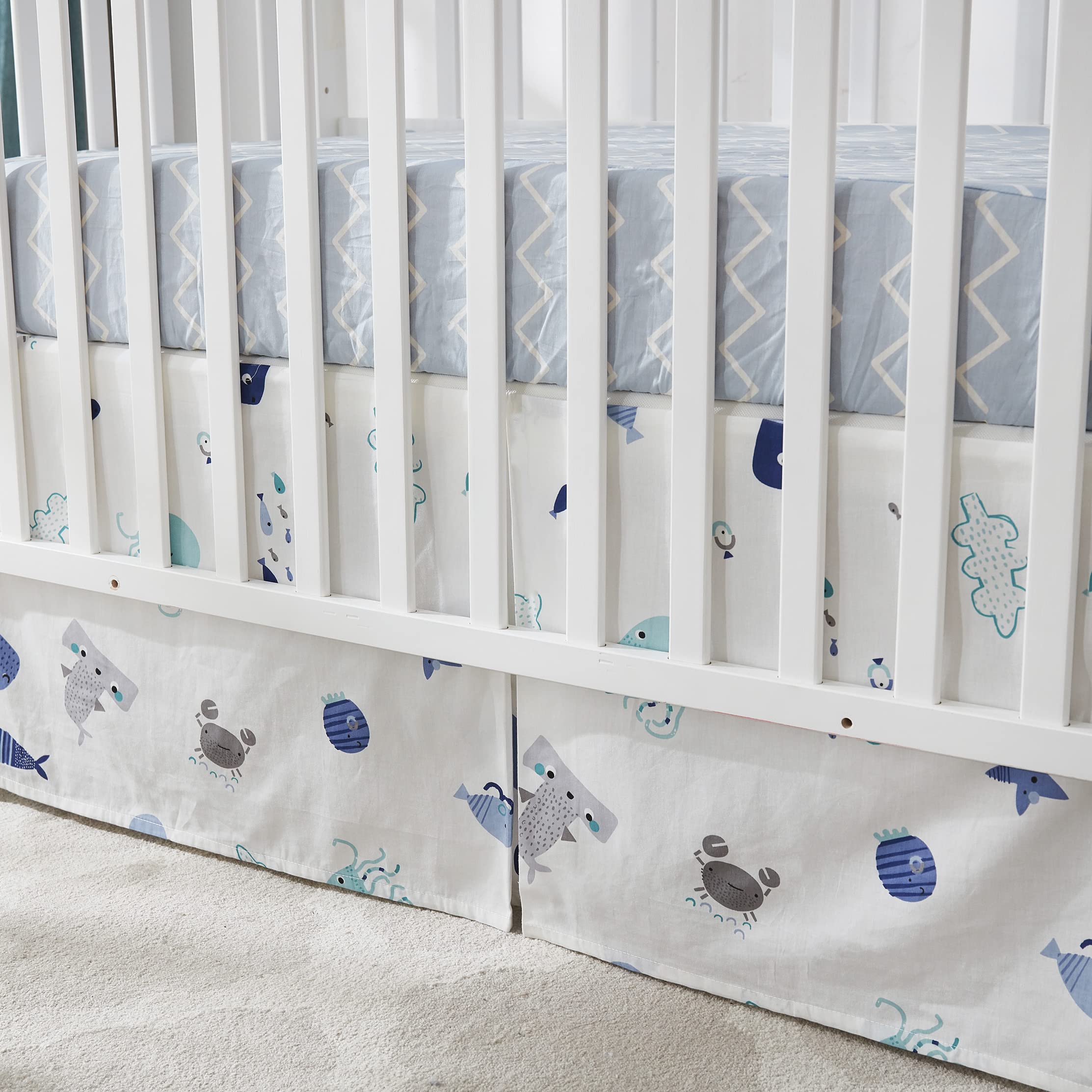 Brandream Blue White Boys Bedding Baby Nautical Nursery Sheet Set Ocean Animal Fish Newborn Cotton Blanket, Beach Theme Fitted Sheet, Bed Skirt, 3 Piece