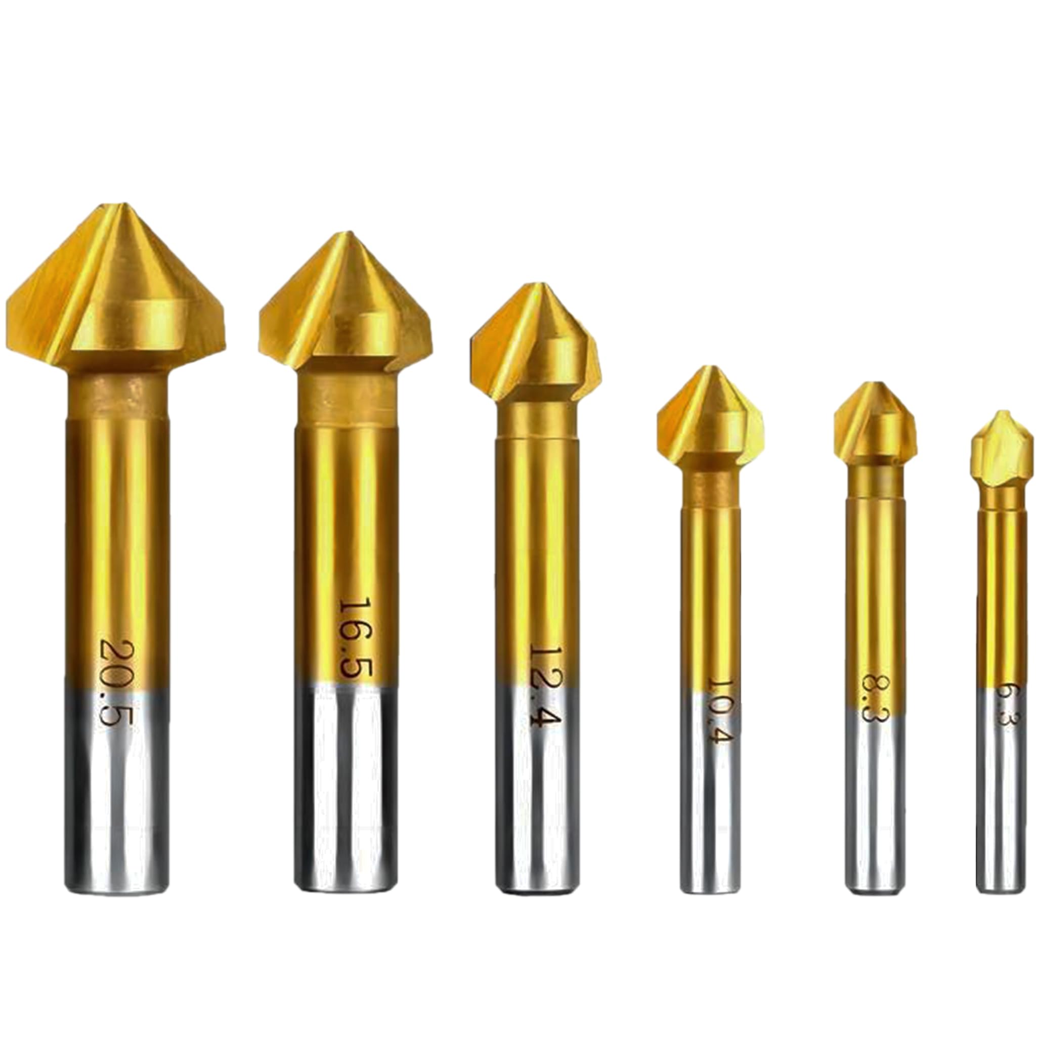 KEWAYO 3 Flute 90 Degree HSS Chamfering Tool Bit Countersink Drill Bit Set for Metal Wood Plastic Woodworking Metal Working Tool Bit Set, Pack of 6pcs
