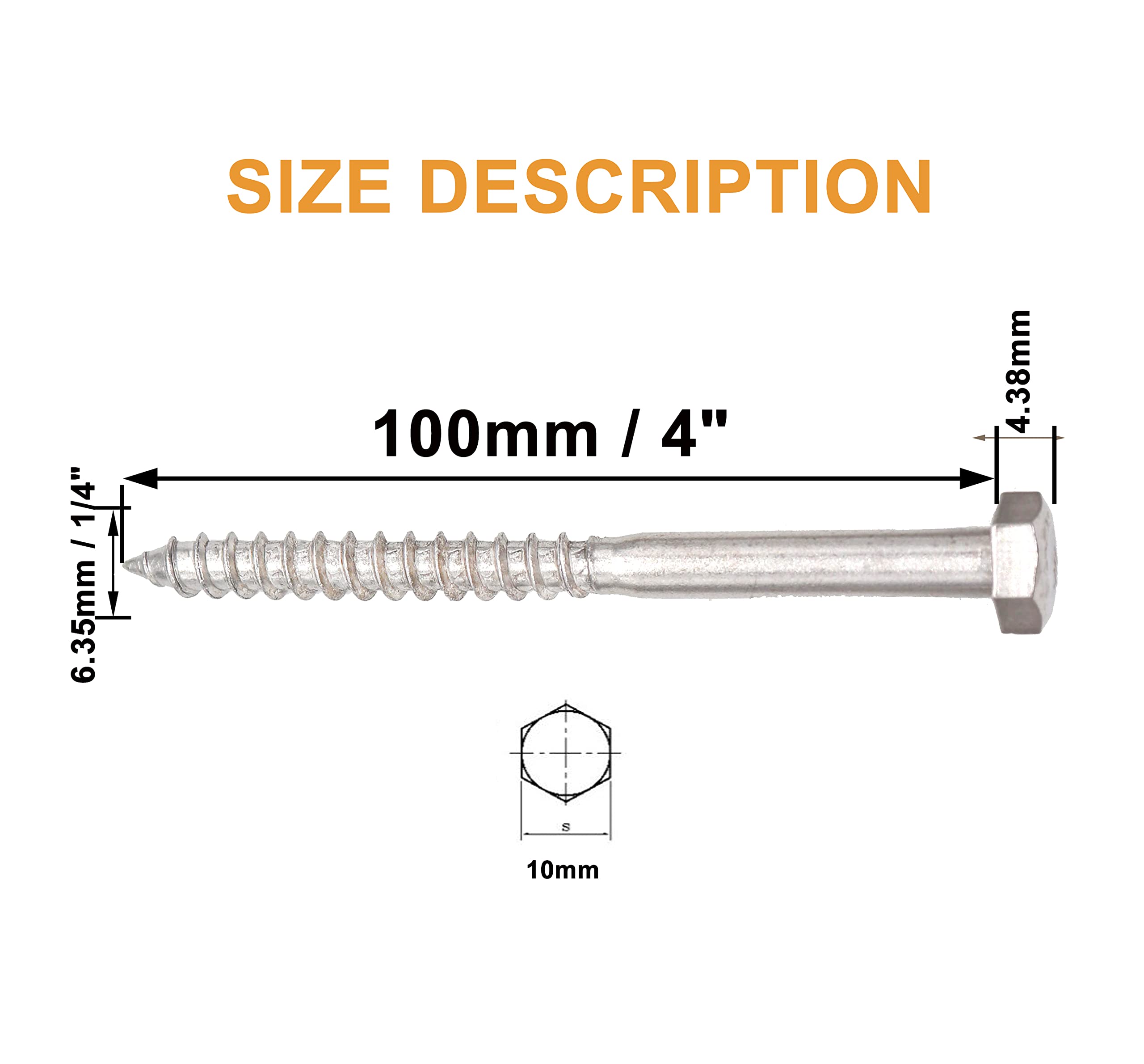 binifiMux 20pcs 1/4" x 4" Stainless Steel Hex Head Lag Screws Bolts Coach Bolts, A2-70/18-8, Plain Finish