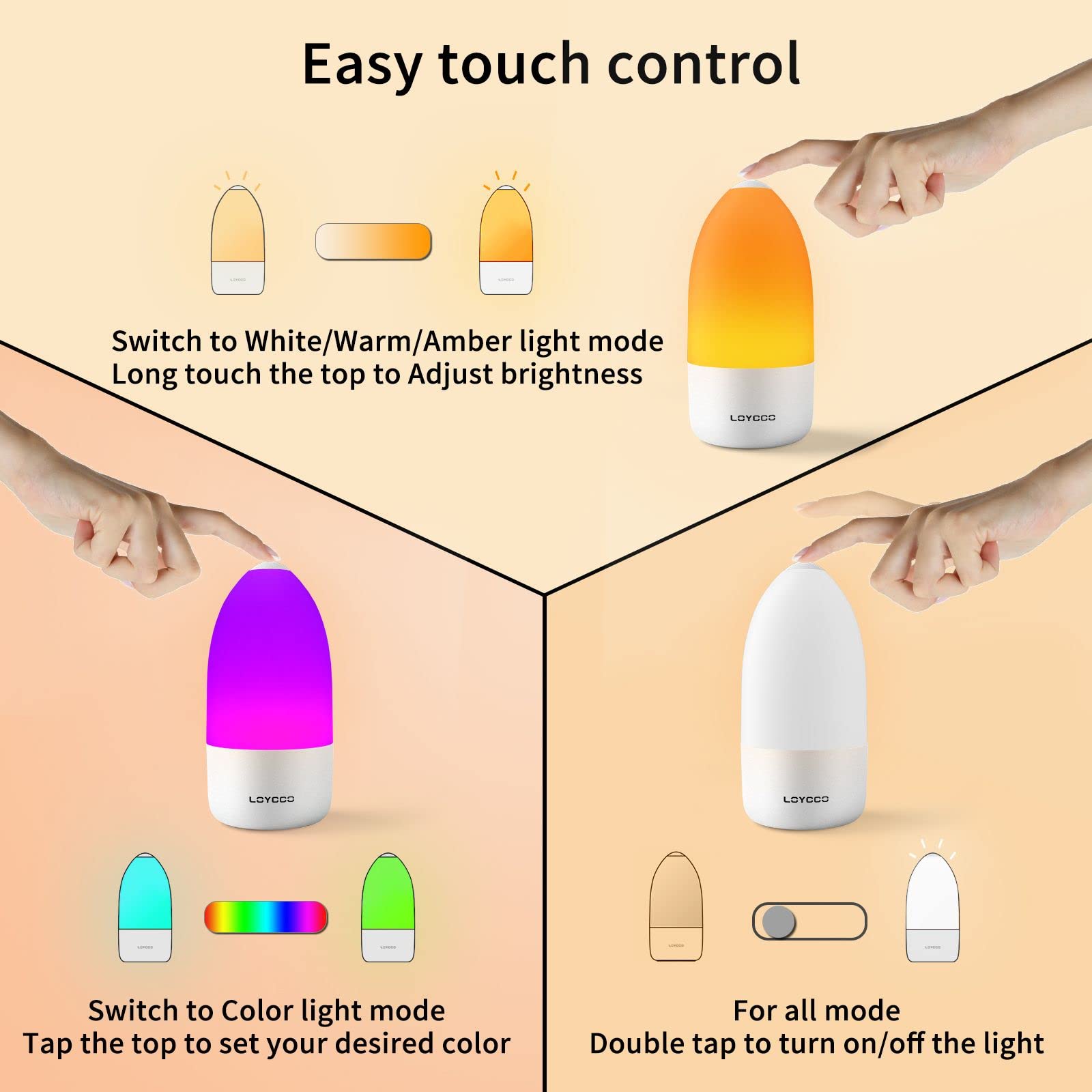 Night Light for Kids, Portable Touch Lamps with Color Changing Mode & Stepless Dimming Function, Rechargeable Baby nigth Light with 1H Timer & Touch Control