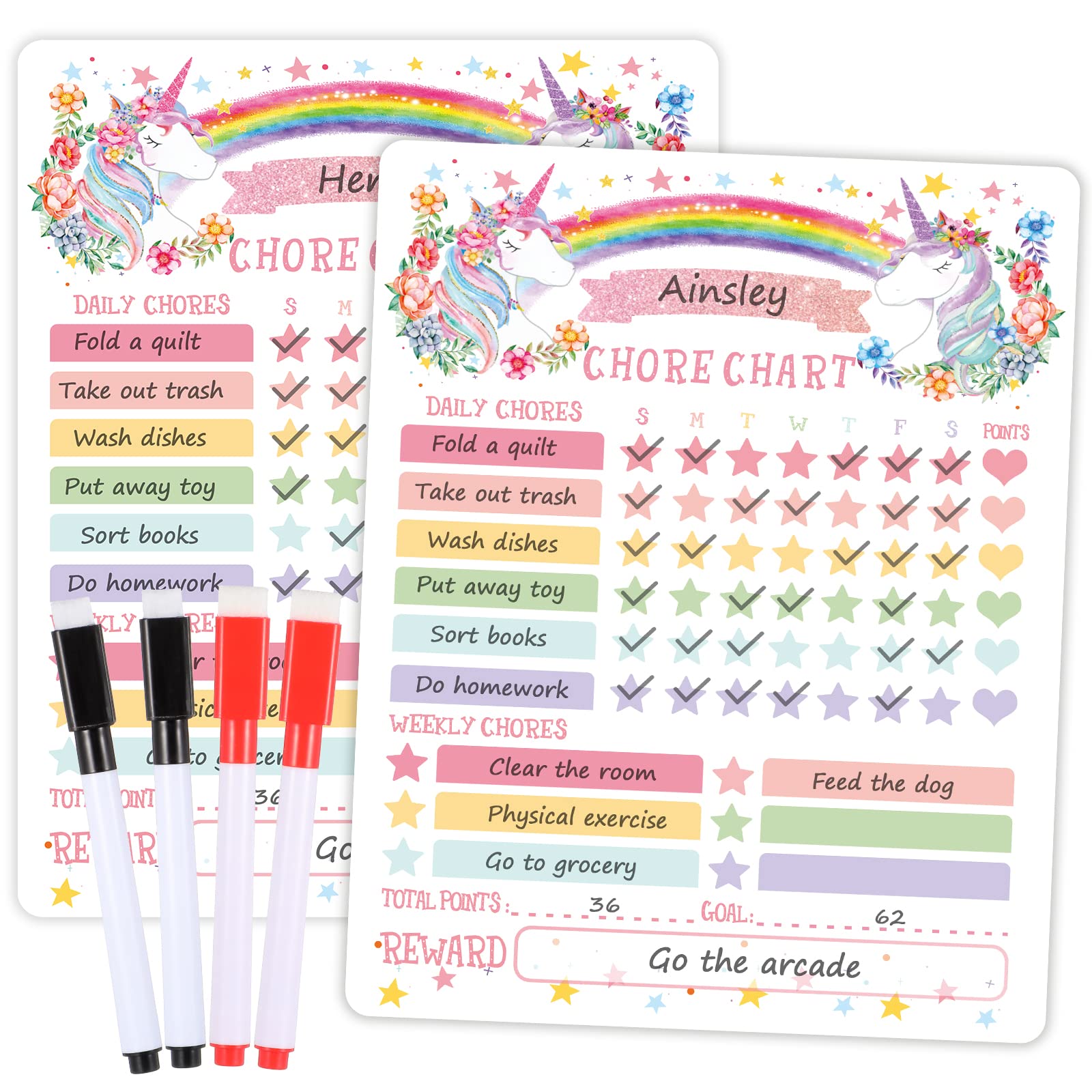2 Pieces Unicorn Kids Magnetic Chore Chart Reward Behavior Good Behavior Chart My Responsibility Chart Magnetic Refrigerator Dry Erase Chart with 4 Pieces Dry Erase Markers for Home Planner Kids