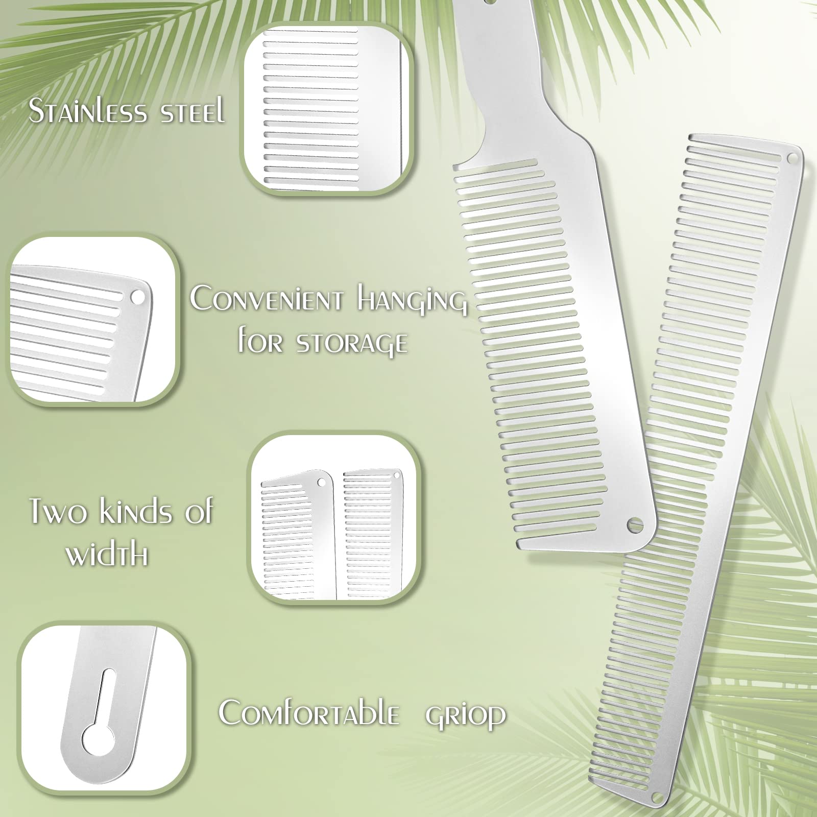 Patelai 2 Pieces Metal Comb Set, Stainless Steel Blending Comb Fine Styling Cutting Comb Flat Top Clipper Comb Metal Detangling Comb for Men Women Salon, Silver