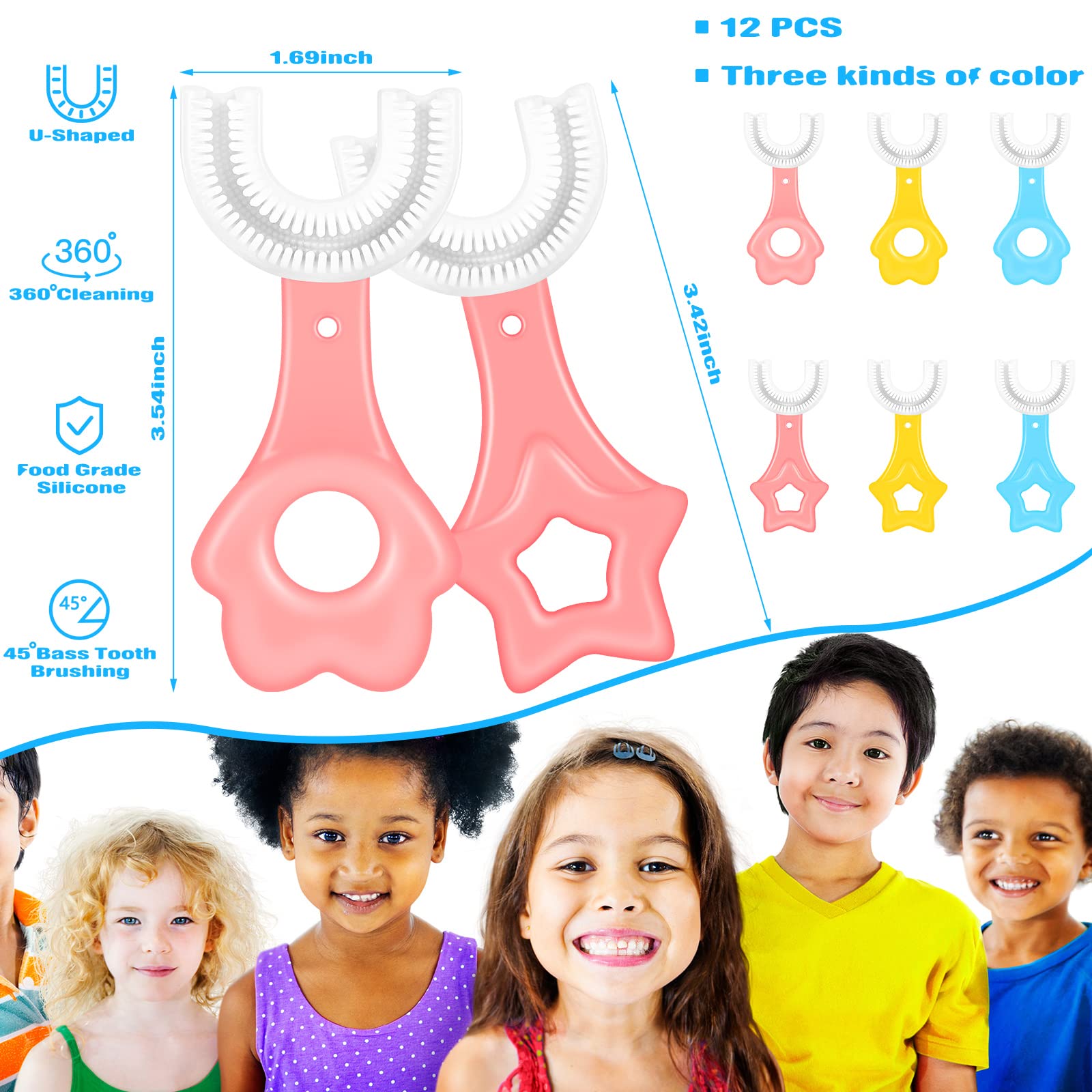 Mimorou 12 Pieces Kids U Shaped Toothbrush Soft Silicone Tooth Brushes Head 360 Degree Whole Mouth Toothbrush for Children Toddler (Classic Style)